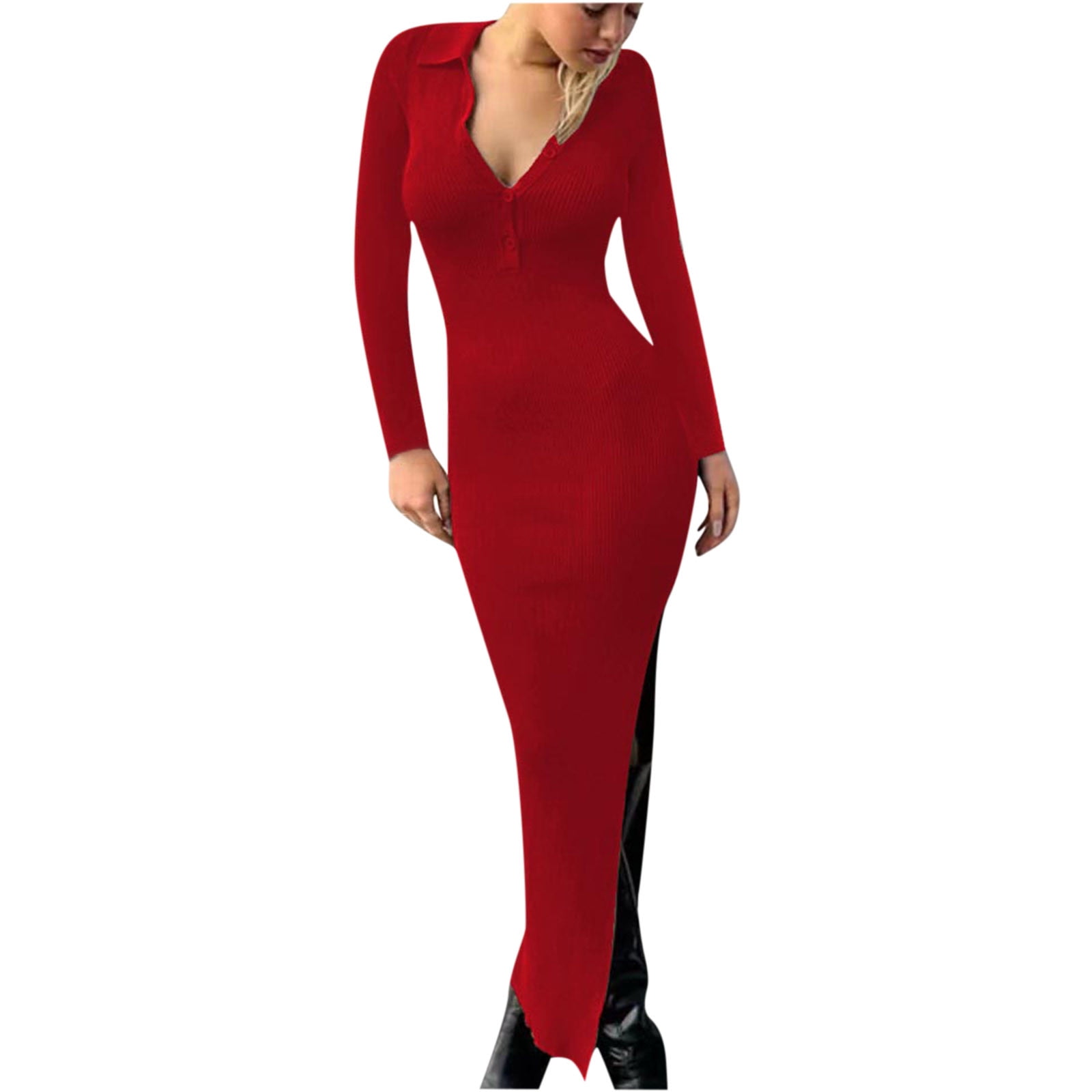 Maxi Dress for Women Long Sleeve Dress Button Lapel Slim Ribbed ...
