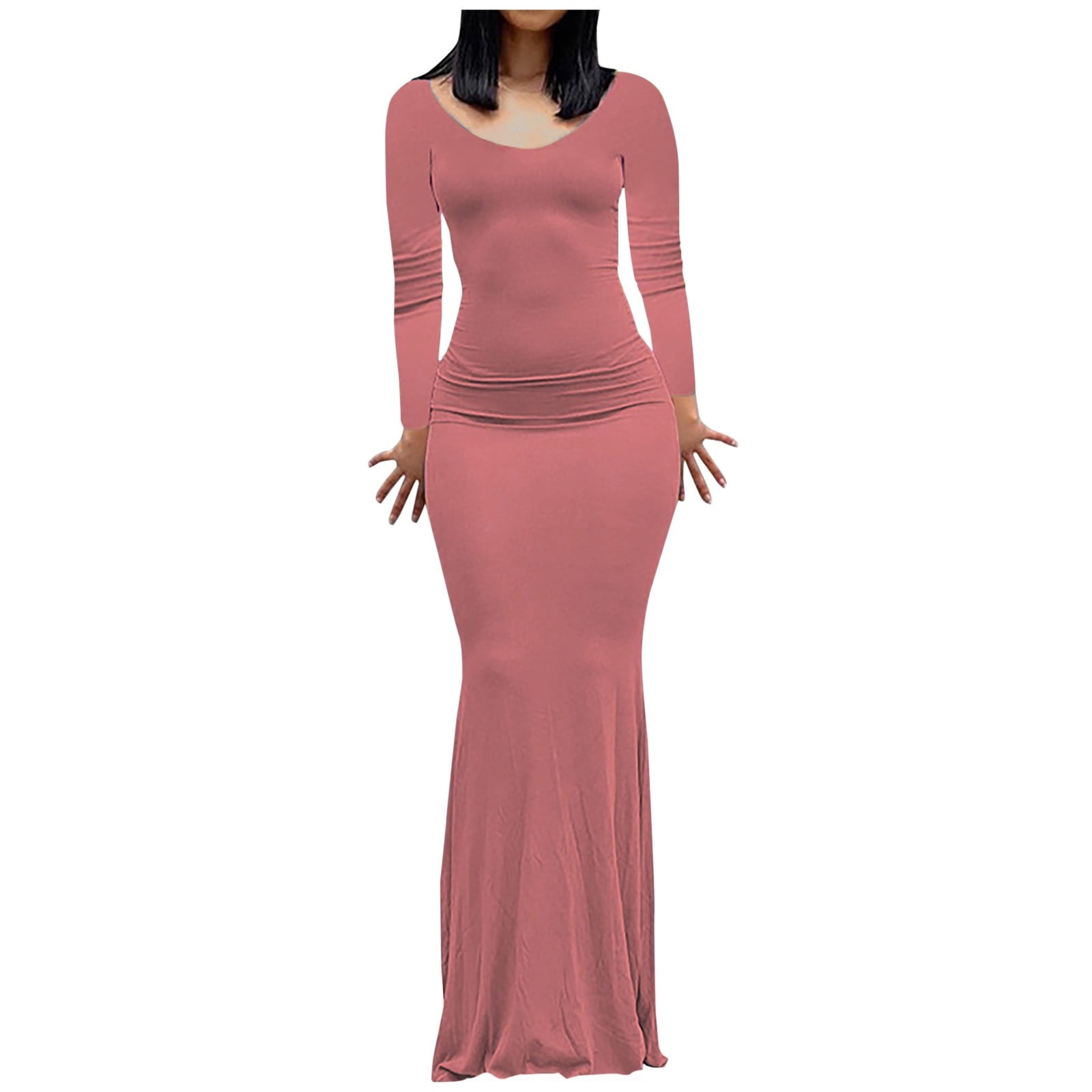 Yuzhih Maxi Dress for Women Slim Fitted Solid Color Long Sleeve ...