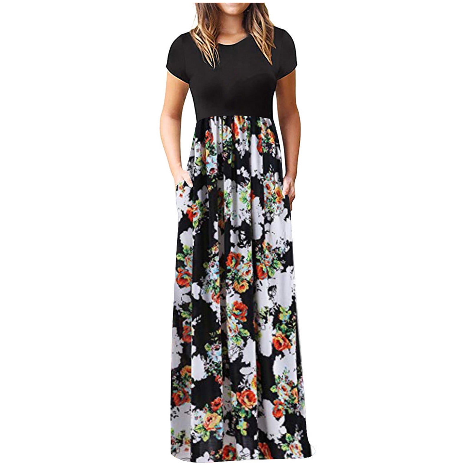 Women's Spring Summer Sundresses: Maxi Dress with Short Sleeve, Floral ...