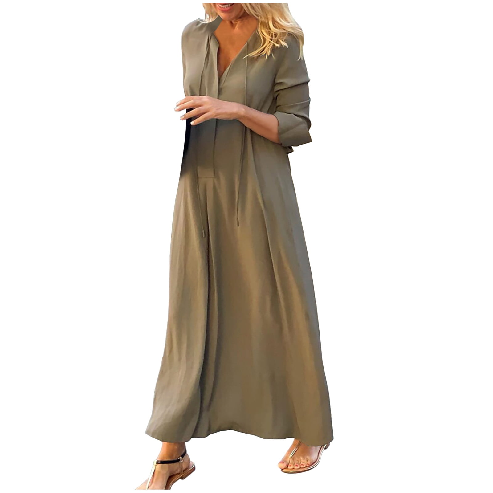 Maxi Dress for Women V Neck Solid Color Long Sleeve Dress Casual Loose ...