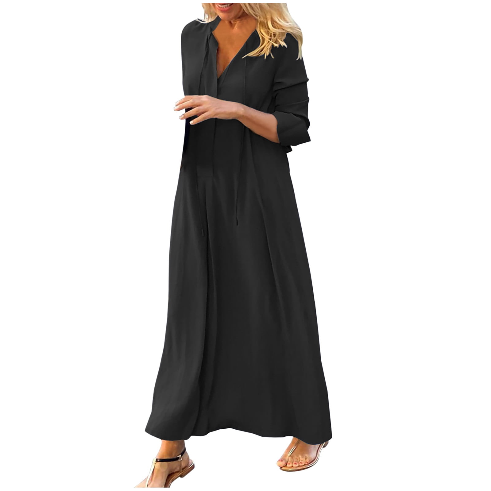 Maxi Dress for Women V Neck Solid Color Long Sleeve Dress Casual Loose ...