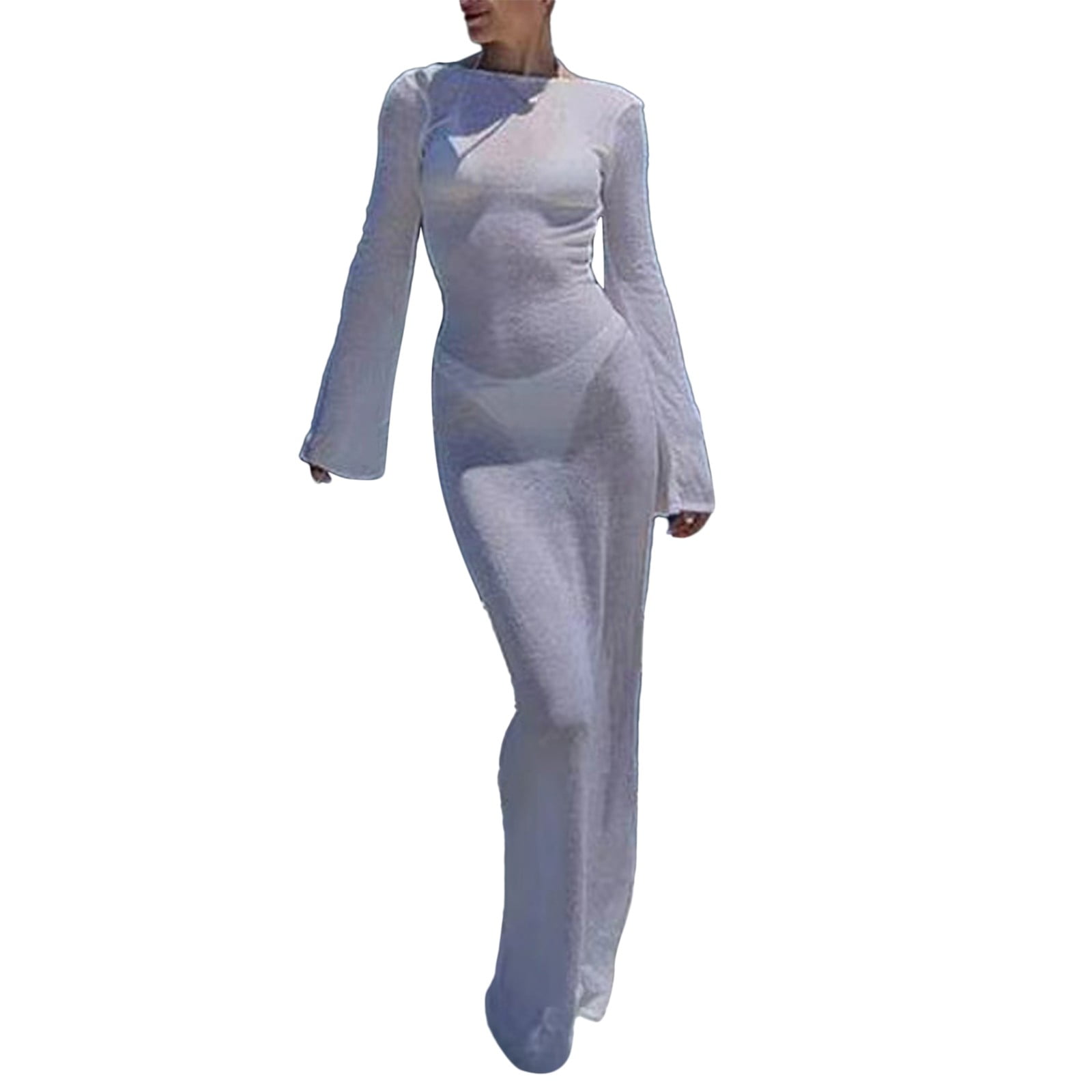 Maxi Dresses For Women 2024 Casual Solid Color Dress Long Sleeve Round ...