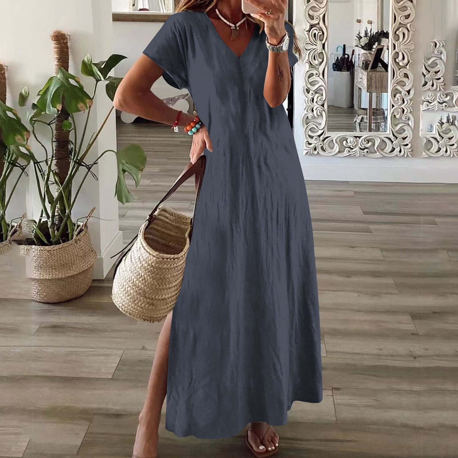 Maxi Dresses for Women 2025 Short Sleeve Vneck Summer Linen Dress ...