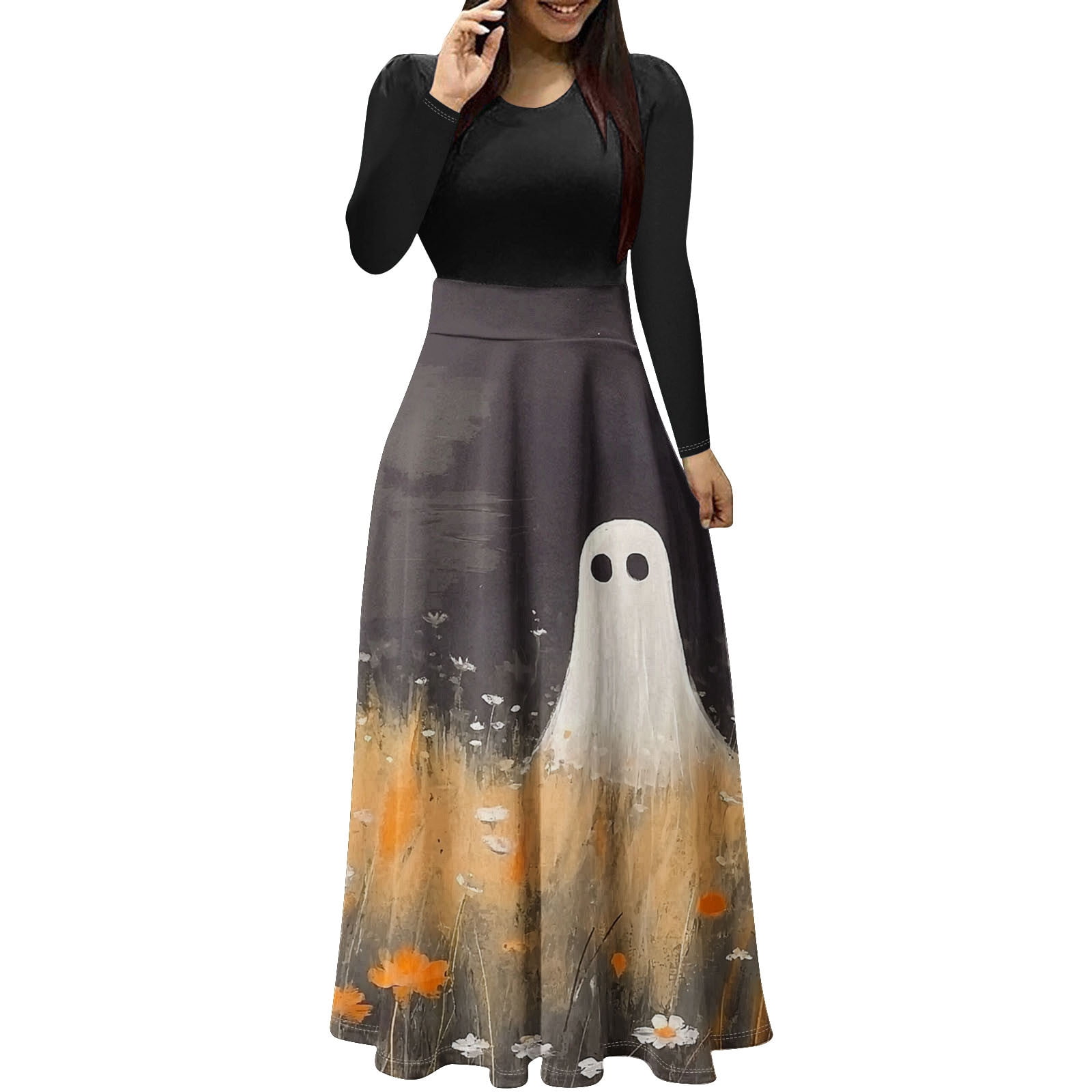Maxi Dresses for Women Long Sleeve Printed Patchwork Dress High Waist ...