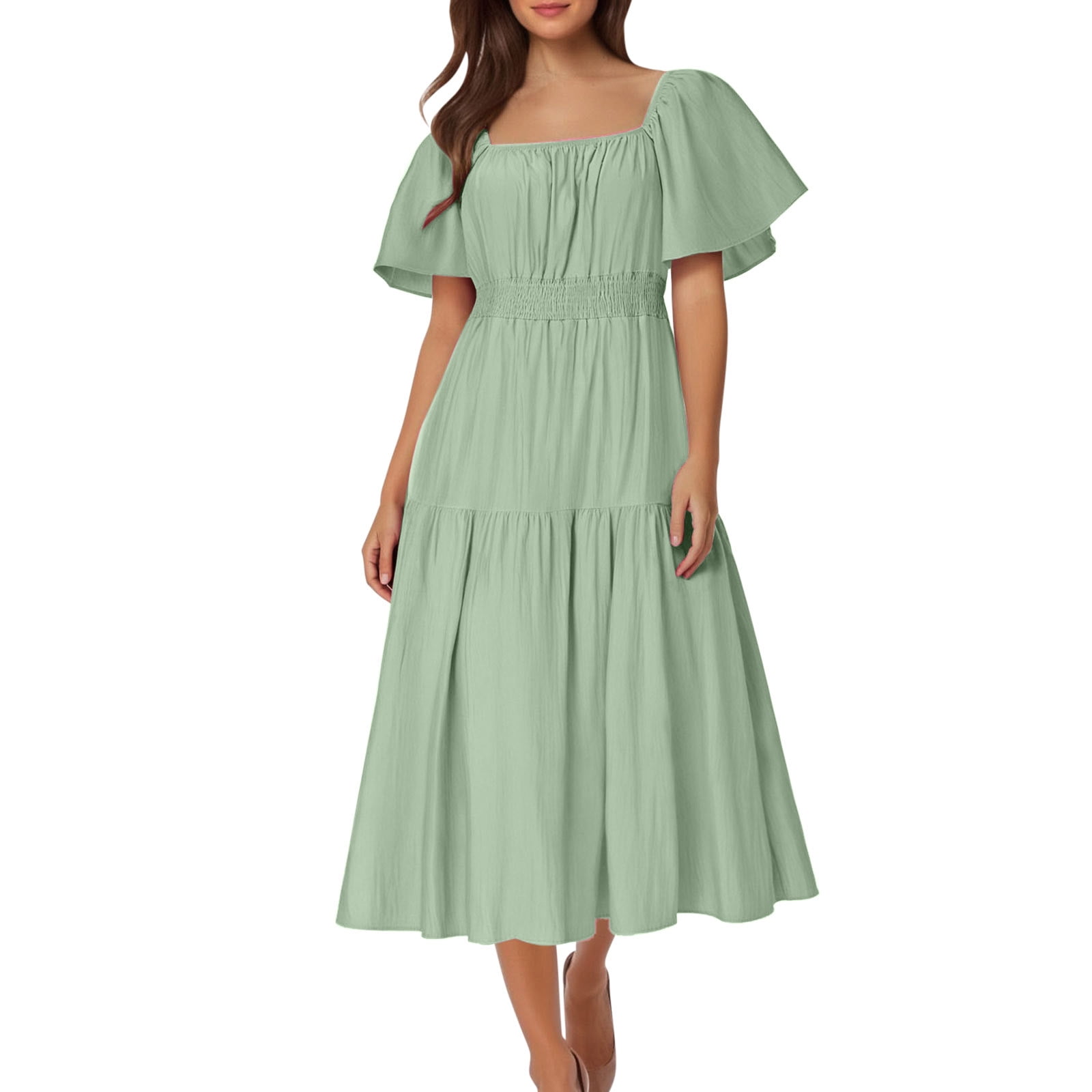 Maxi Dresses for Women Square Neck Flutter Sleeve Smocked Dress 2025 Summer Vacation Beach Flowy ...