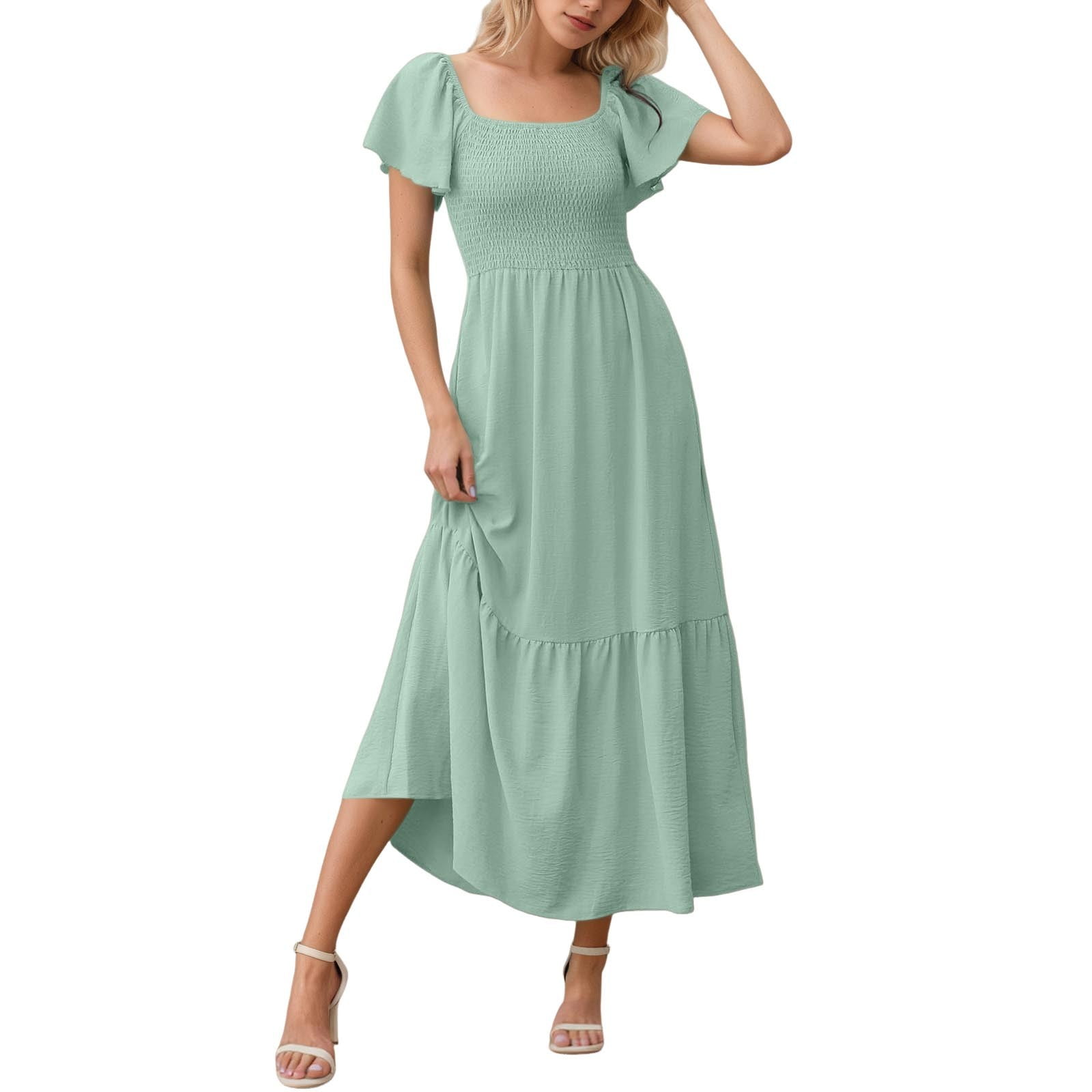 Maxi Dresses for Women, Square Neck Flutter Sleeve Smocked Dress with Pockets, for Various ...