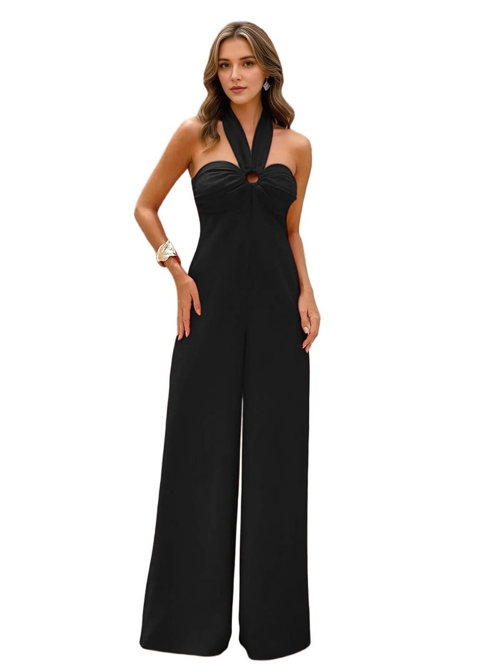 Maxi Jumpsuit for Women Crossover Halter Neck Straight Leg Overall Romper Black S - Walmart.com