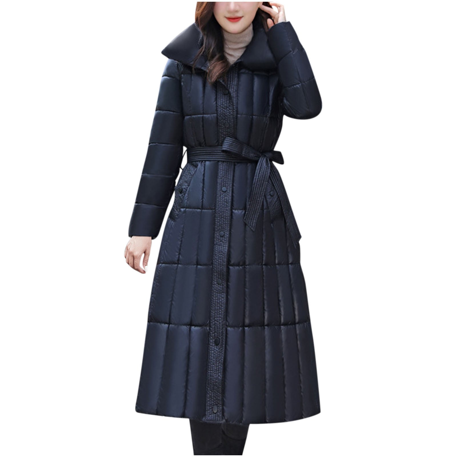 Maxi Puffer Jacket with Belt Longline Padded Coat Long ie Winter Warm Quilted Padded Jacket ed ...