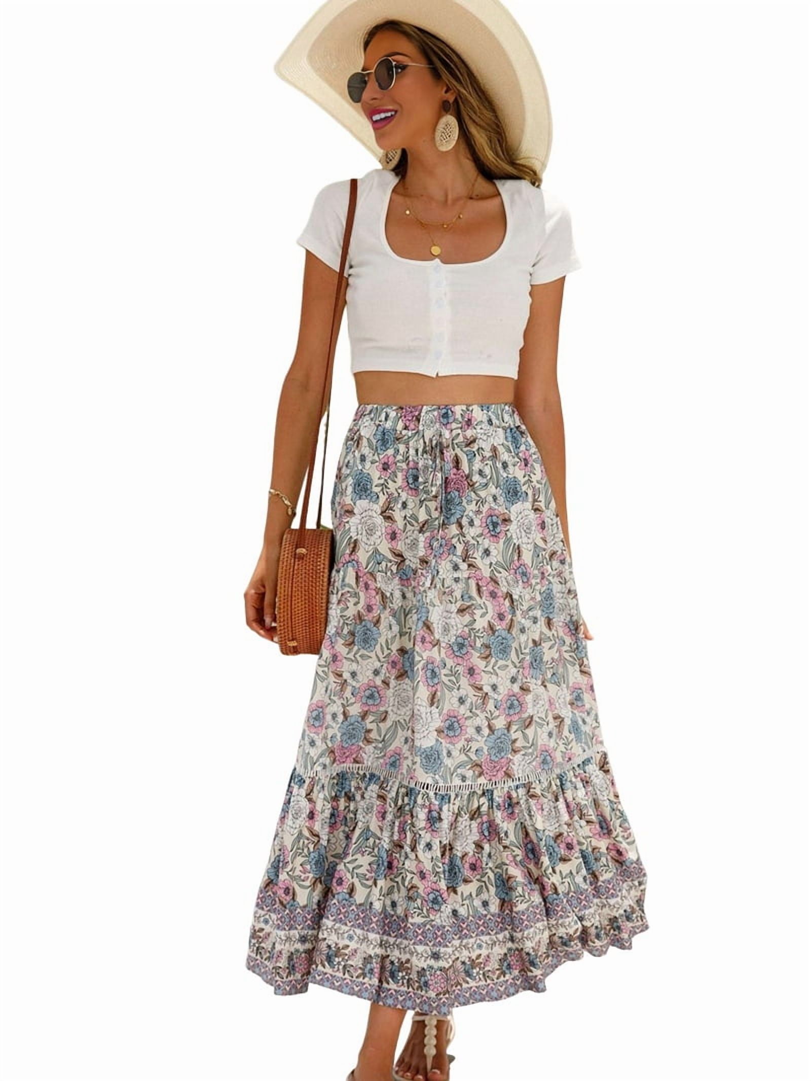 Maxi Skirts for Women 2025 Summer Boho Long Flowy Floral Elastic High ...