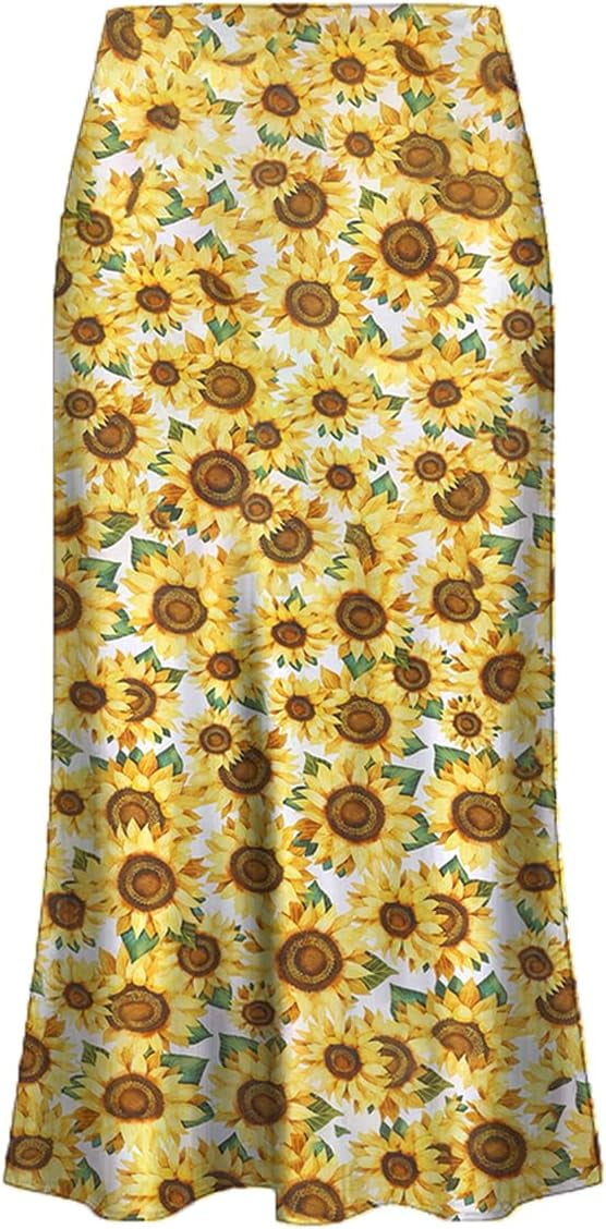 Maxi Skirts for Women Floral Leopard Skirt Midi Length High Silk Satin ...