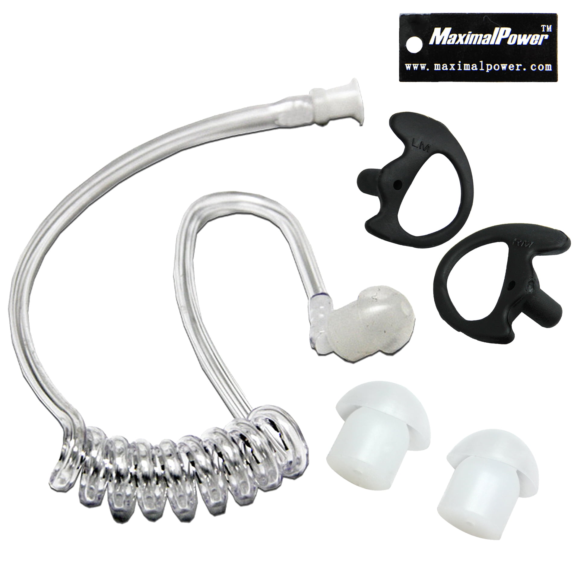 MaximalPower Clear Coil Tube, Earbud and Left & Right Black Earmold ...