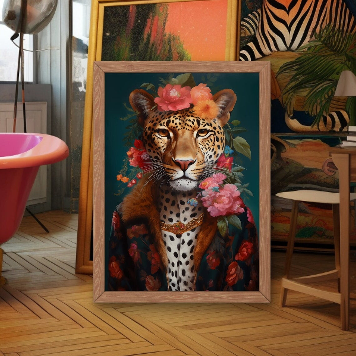 Maximalist Eclectic Fashionista Leopard Art Print, Leopard Portrait ...