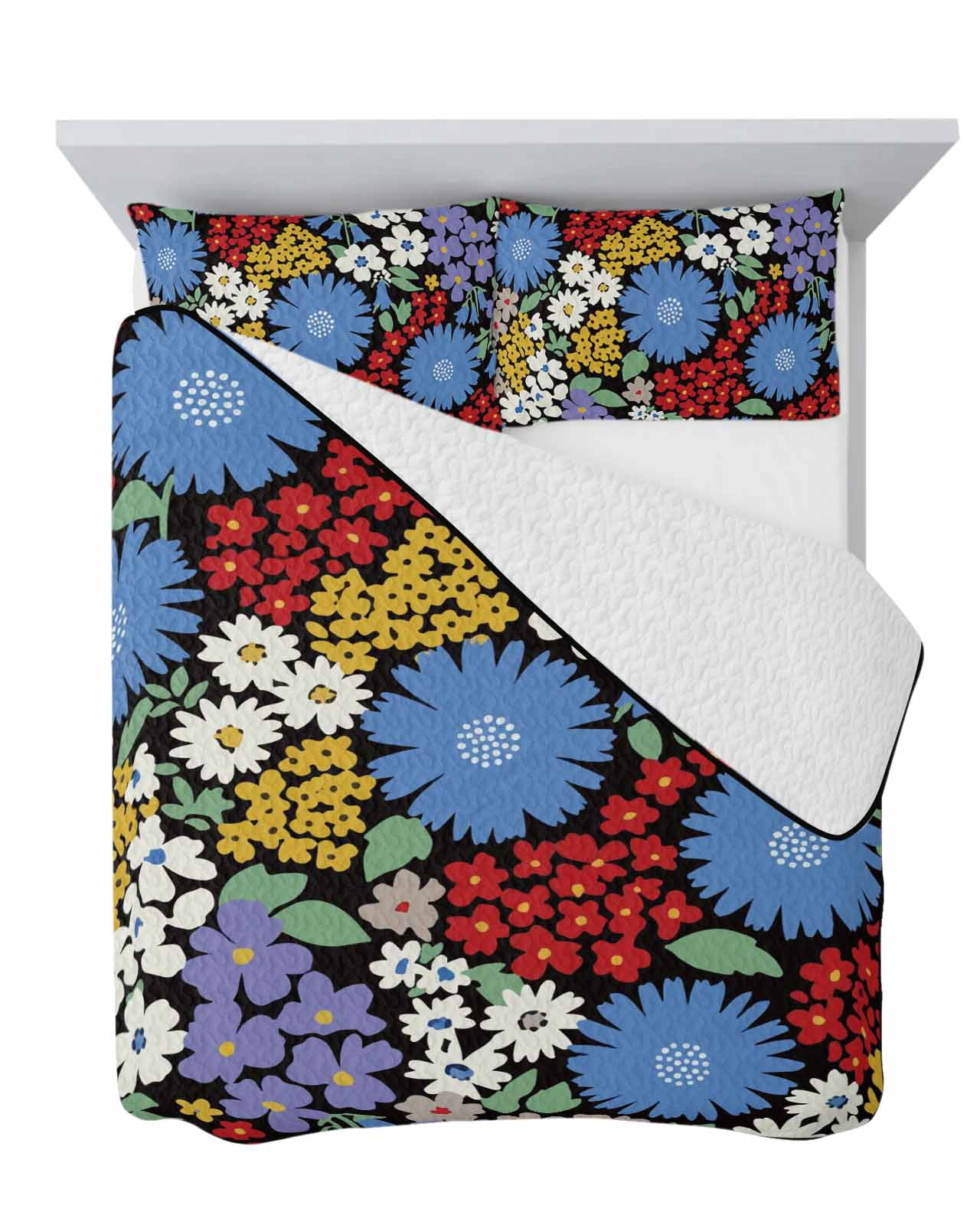 Maximalist Floral 3 Piece Quilt Set Queen Size, Summer Retro Red Blue ...