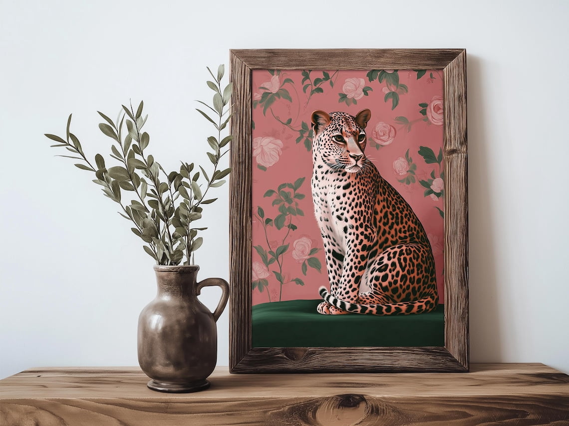Maximalist Leopard Wall Art Print, Eclectic Pink & Green Floral ...