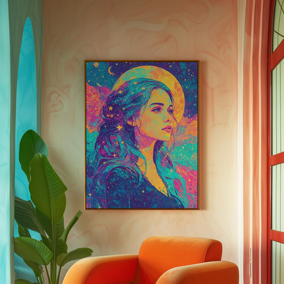 Maximalist Painting, Retro Moon Woman Wall Art, Eclectic 70S Aesthetic ...