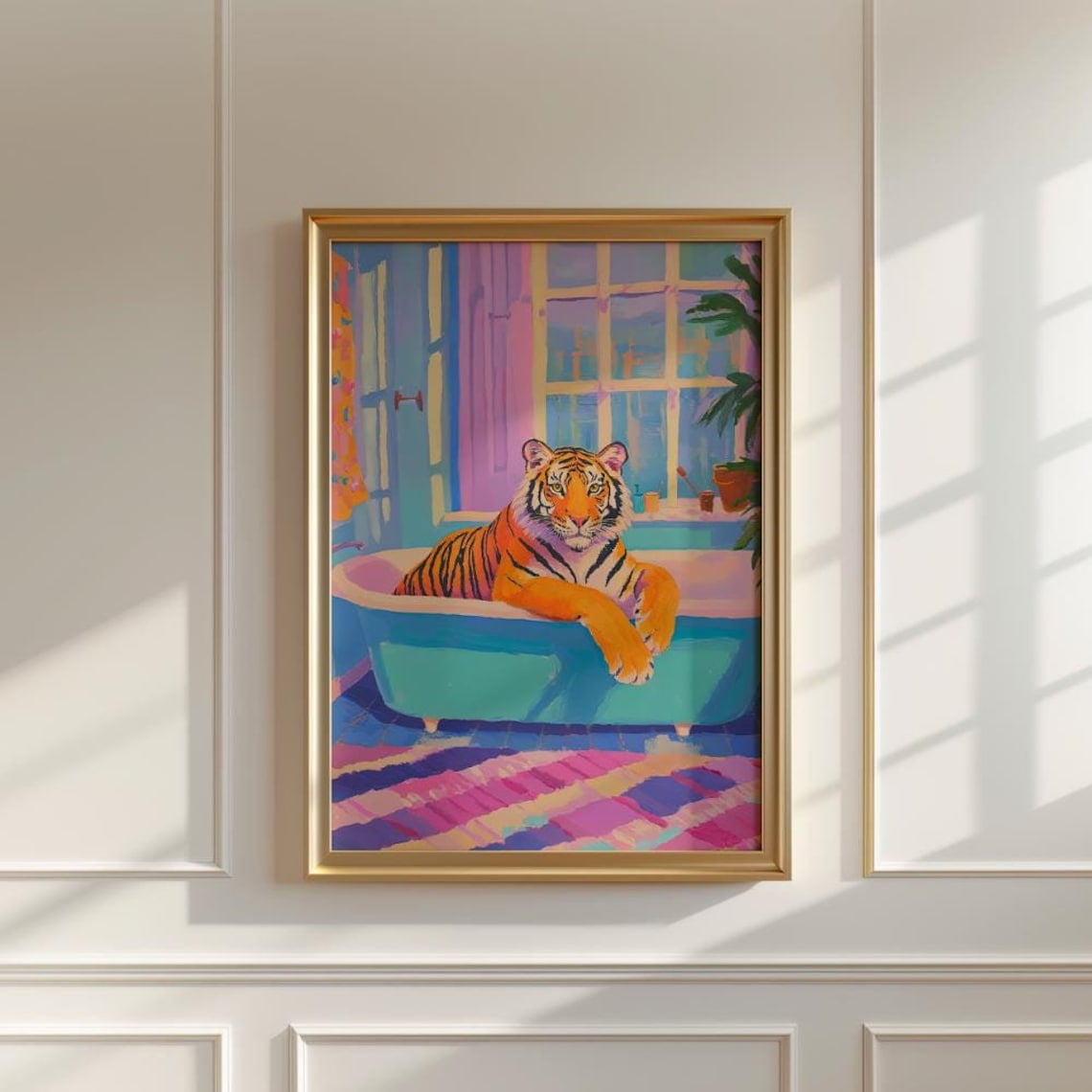 Maximalist Tiger In Bath Pink Kitsch Aesthetic, Trendy Preppy Bathroom ...