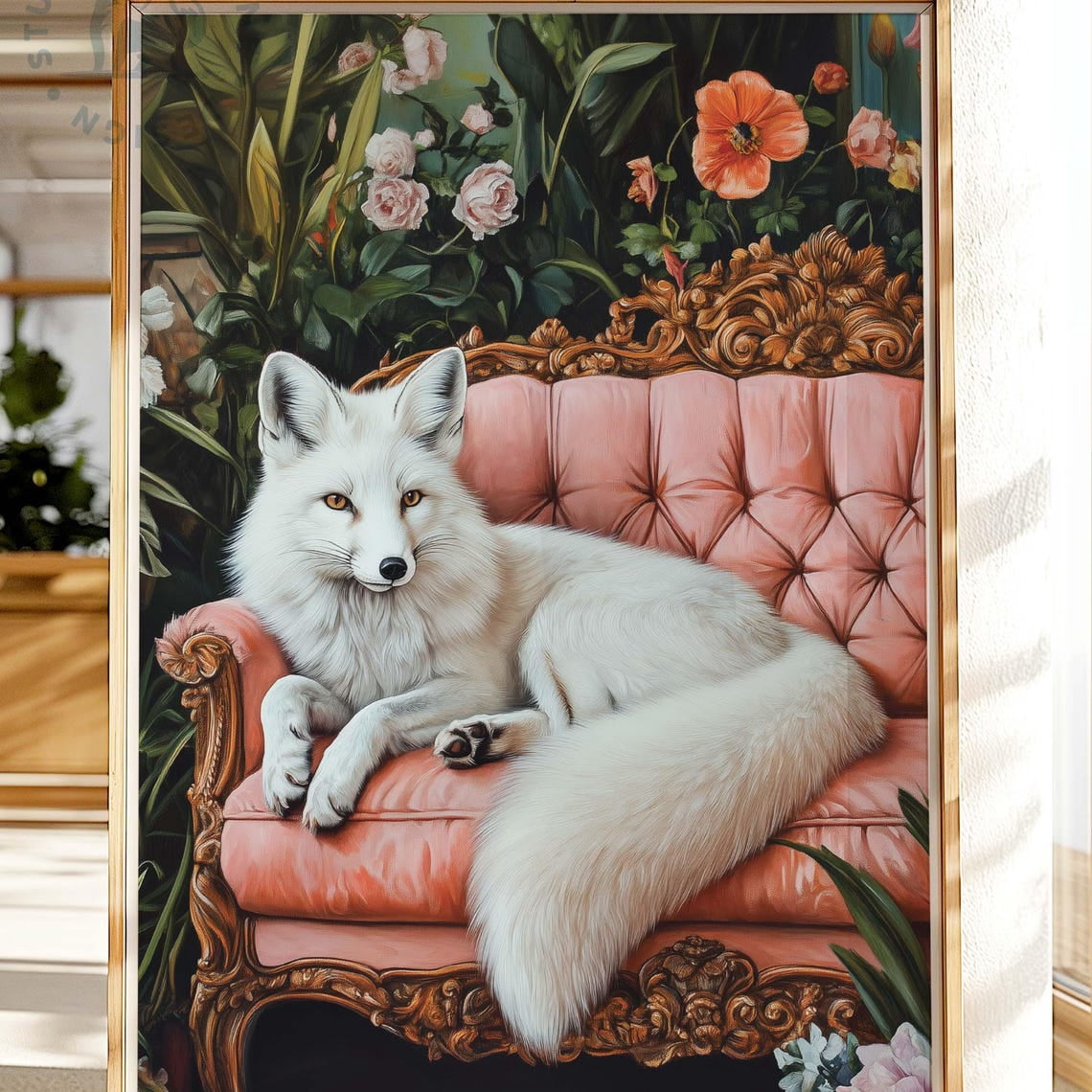 Maximalist White Fox Wall Art, Velvet Sofa Animal Poster, Retro Glam ...