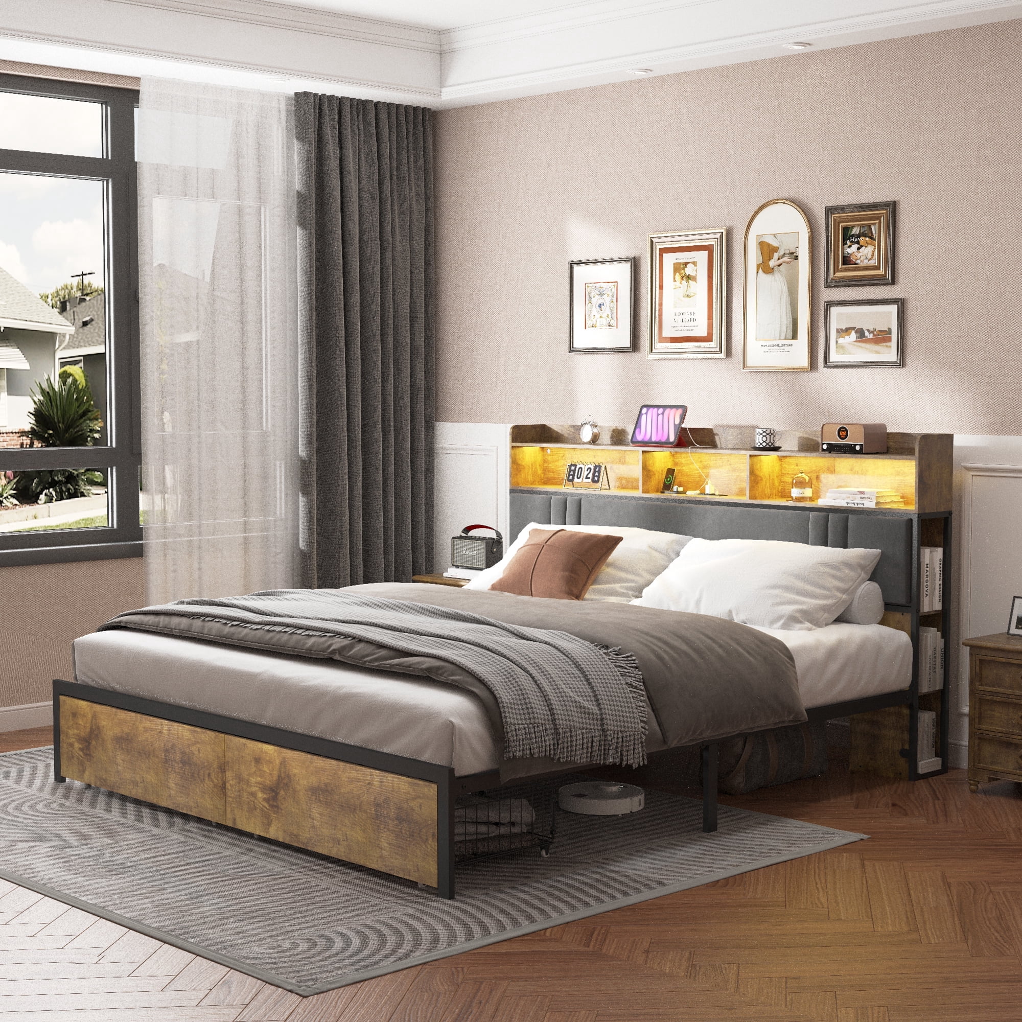 Maximized Space Bed Frame King Size with Storage Headboard and 2 ...