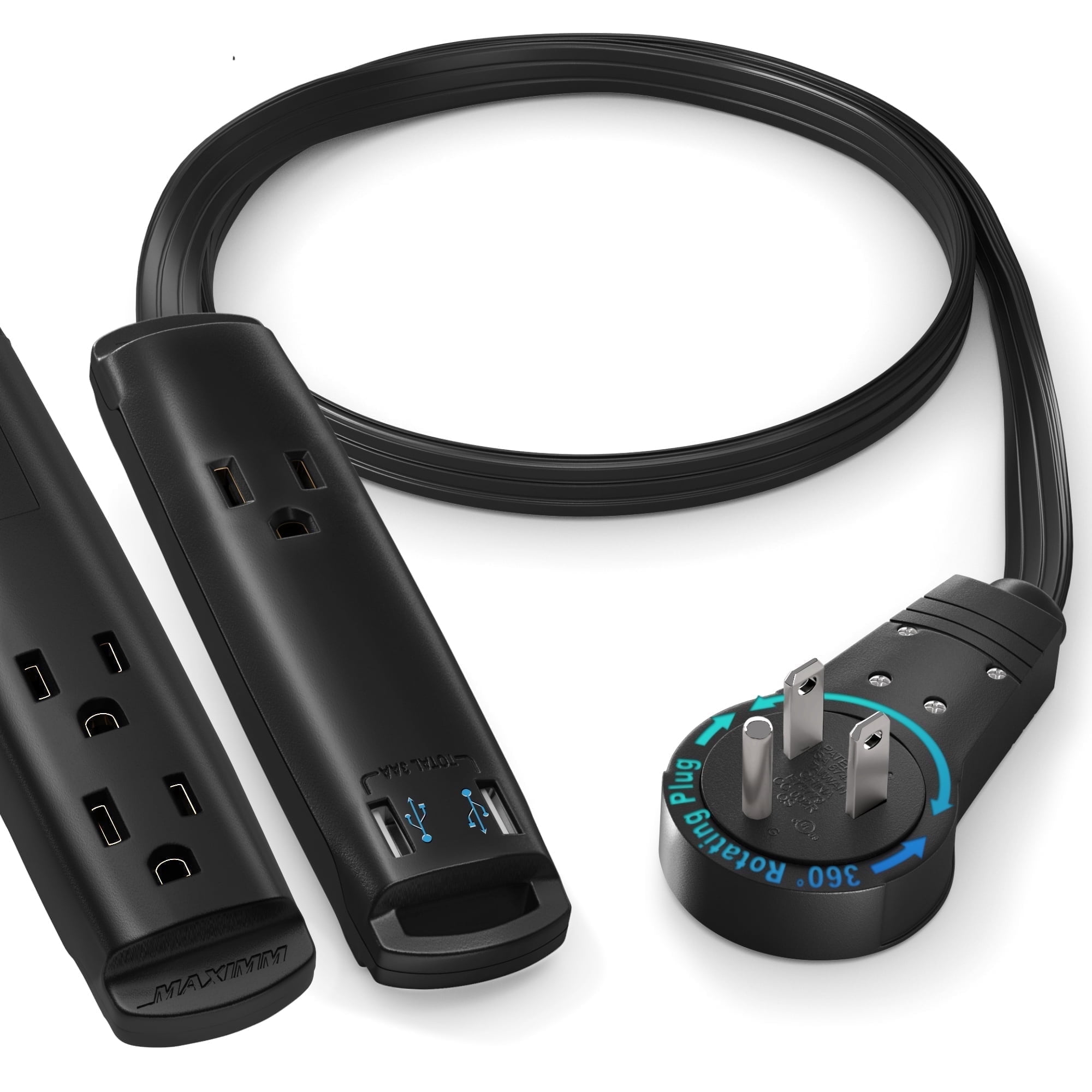 Maximm 1 ft 16/3 Extension Cord 360 Rotating Plug 3-Outlet and USB, 13A ...