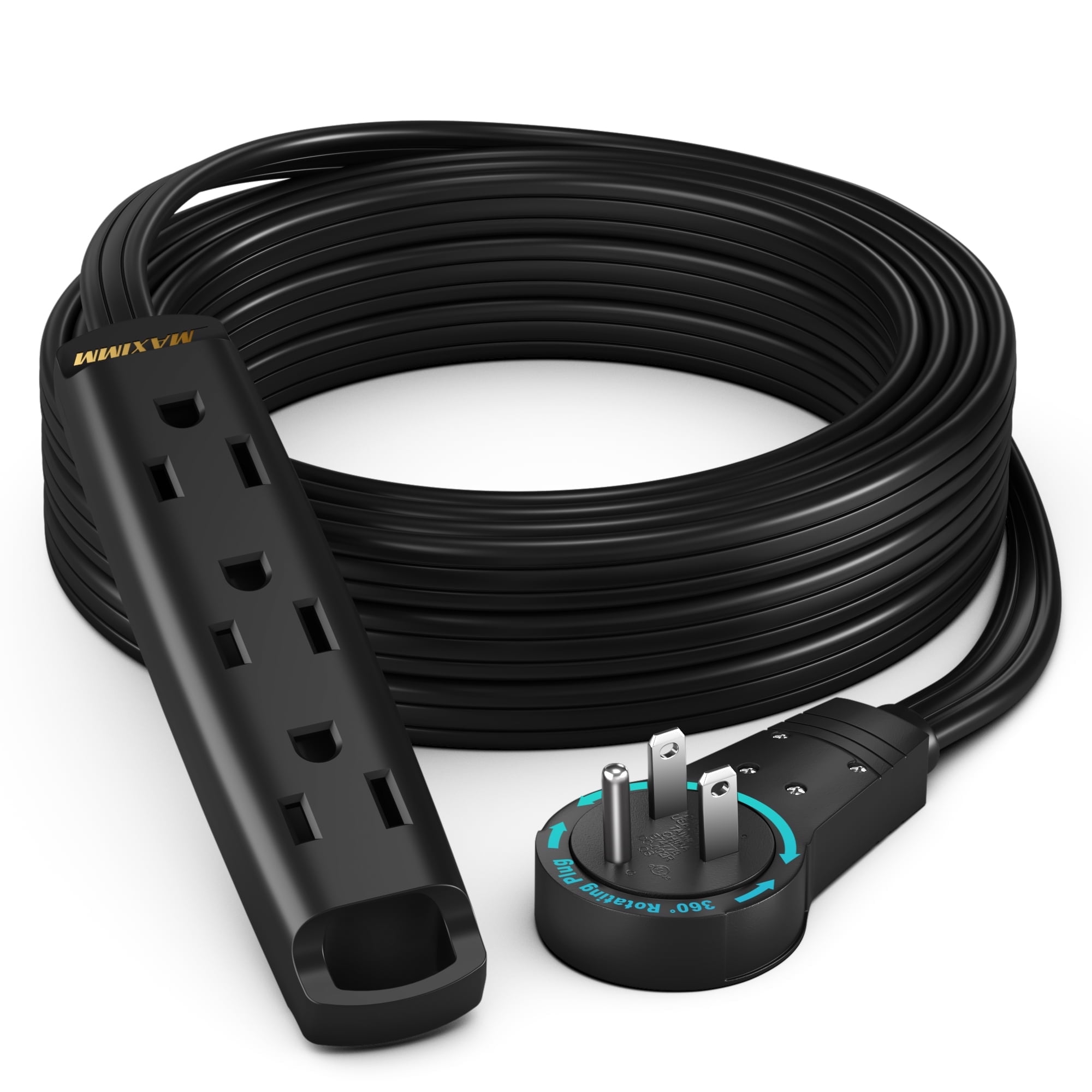 Maximm 10 Ft Black 360° Rotating Flat Plug Extension Cord with 3 ...
