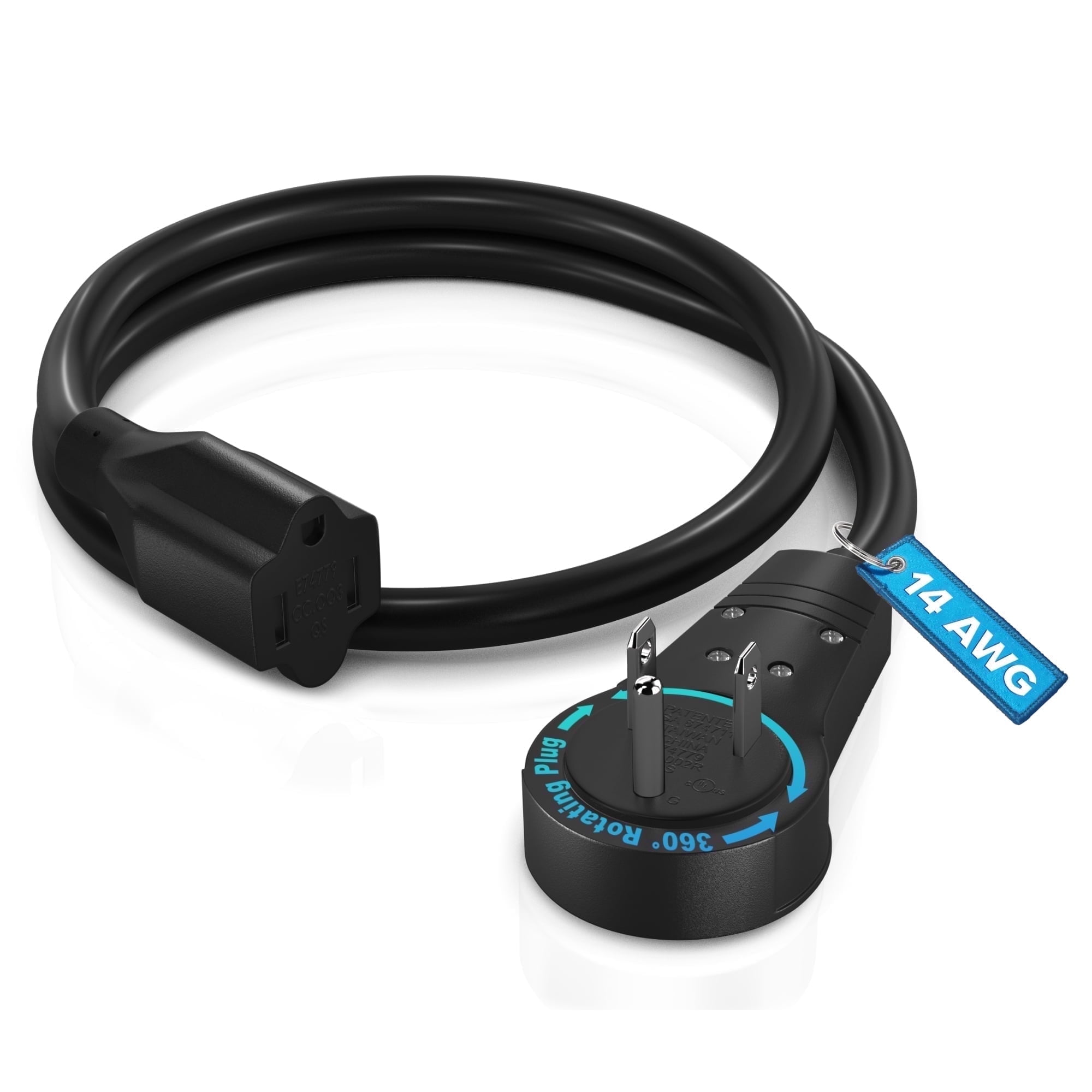 Maximm Cable 1 Feet 14Awg 360° Rotating Flat Plug Extension Cord/Wire ...