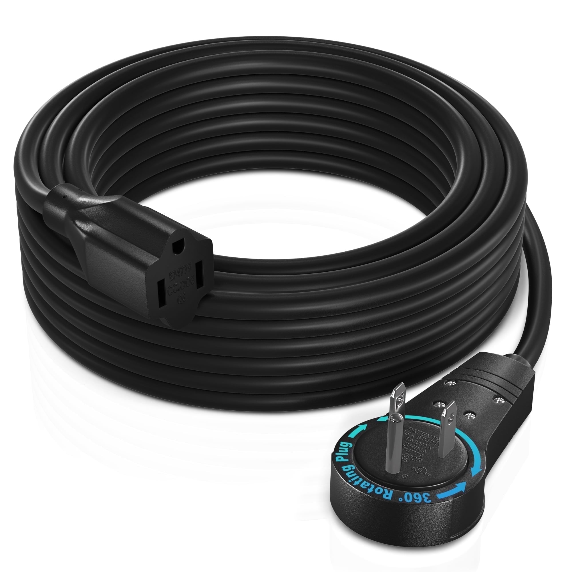 Maximm Cable 30 Feet 360° Rotating Flat Plug Extension Cord/Wire, 3 ...
