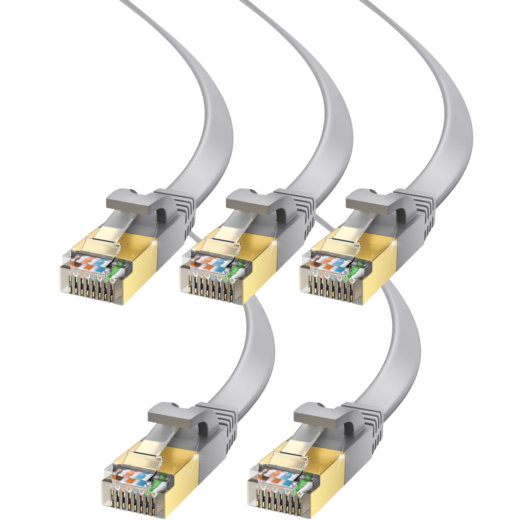 Maximm Cable CAT7 Flat Ethernet Cable, 5 Pack (Gray, 20ft) 10 Gbps, 600 ...