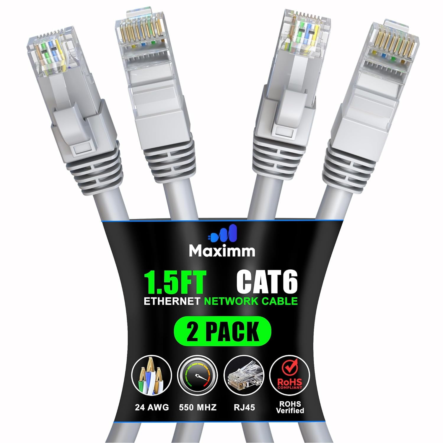 Maximm Cat 6 Ethernet Cable 1.5 ft (2-Pack) - High-Speed LAN Cable ...