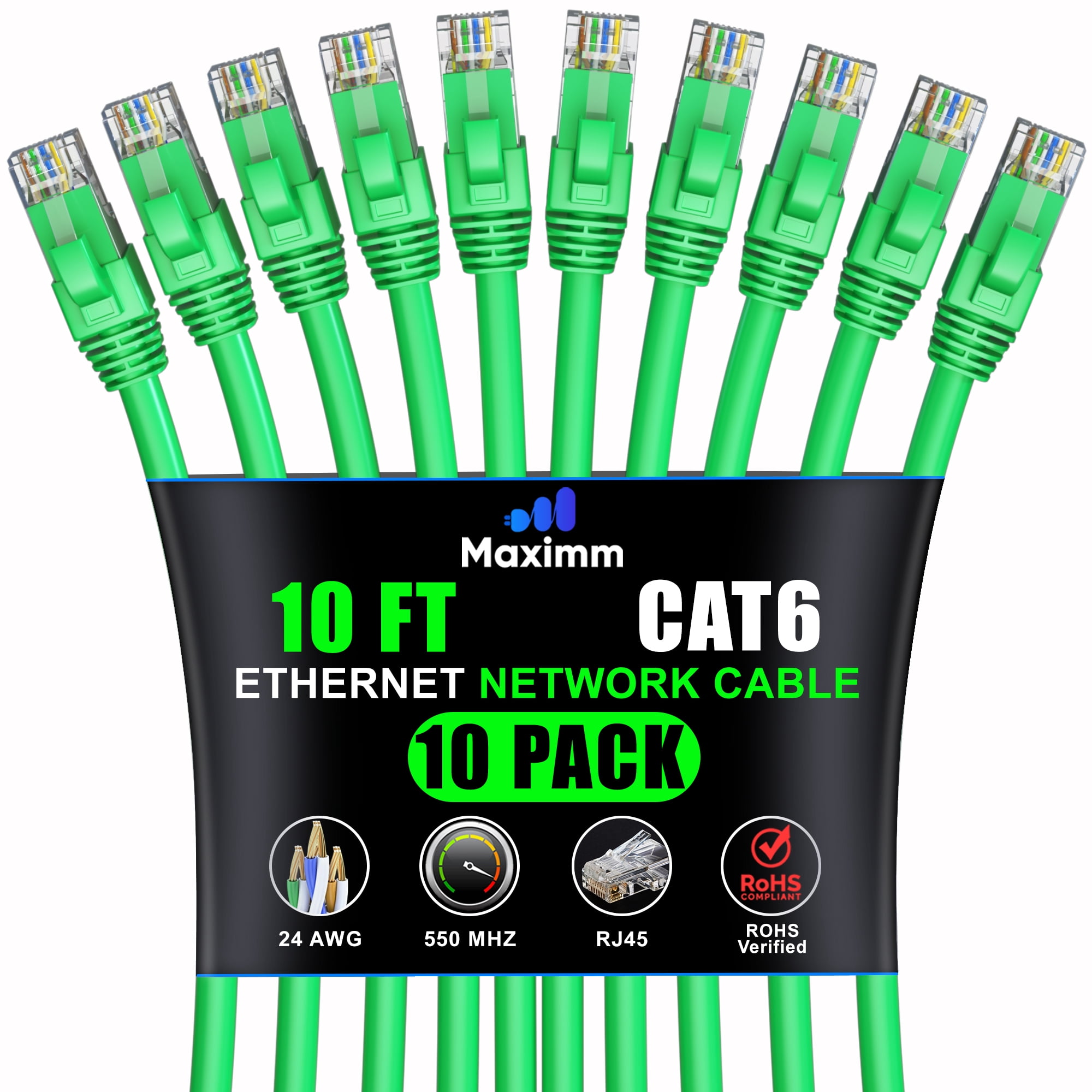 Maximm Cat 6 Ethernet Cable 10 ft (10-Pack) - High-Speed LAN Cable ...