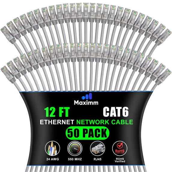 Maximm Cat 6 Ethernet Cable - 12 ft (50-Pack) - High-Speed LAN ...