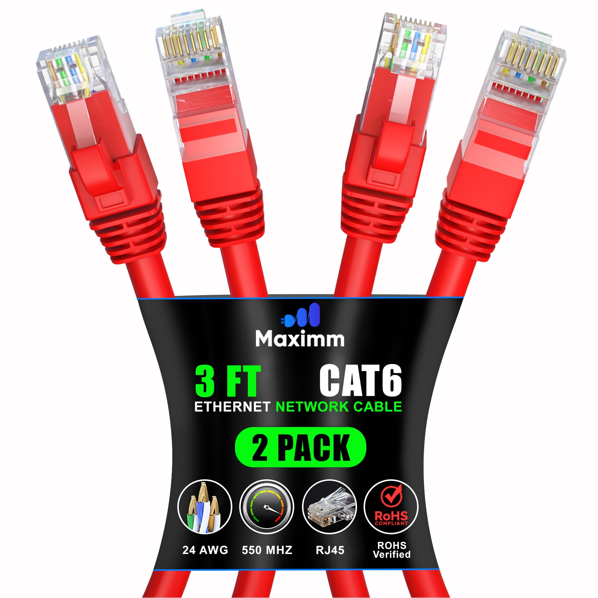 Maximm Cat 6 Ethernet Cable 3 ft (2-Pack) - High-Speed LAN Cable ...
