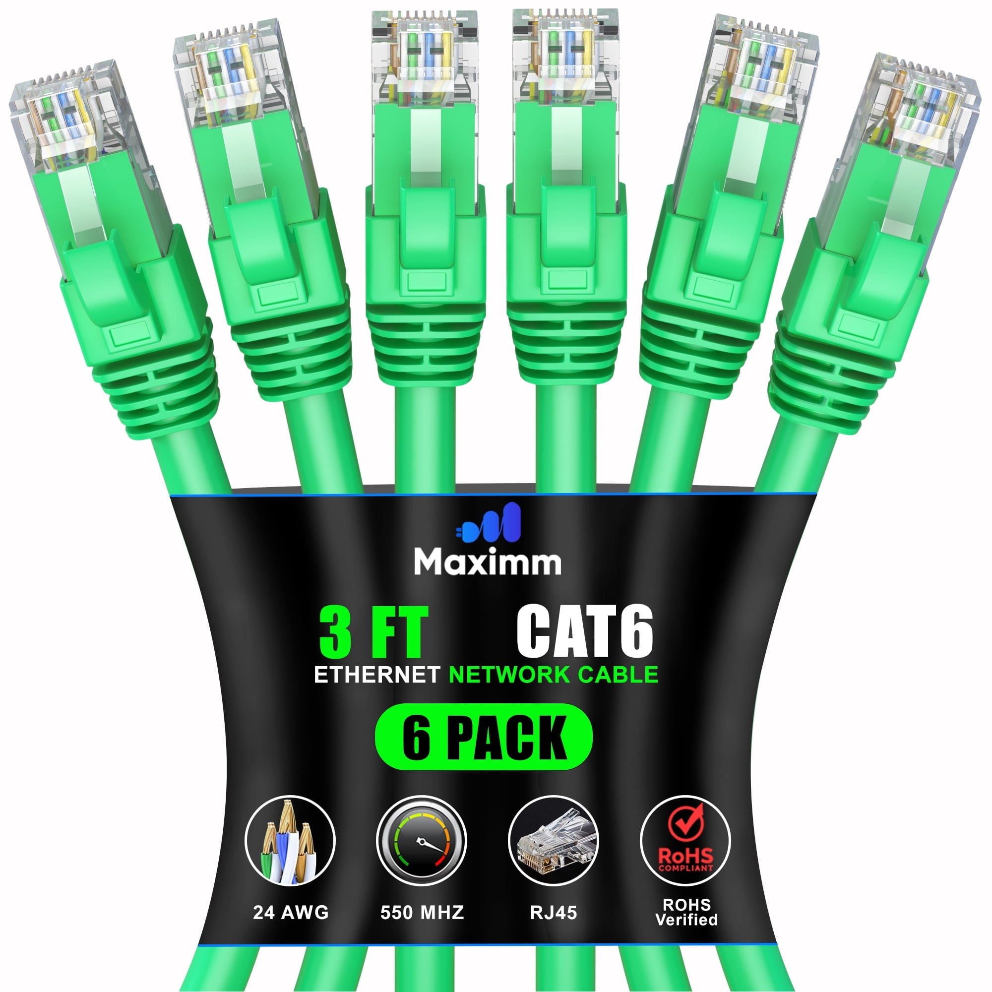 Maximm Cat 6 Ethernet Cable 3 ft (6-Pack) - High-Speed LAN Cable ...