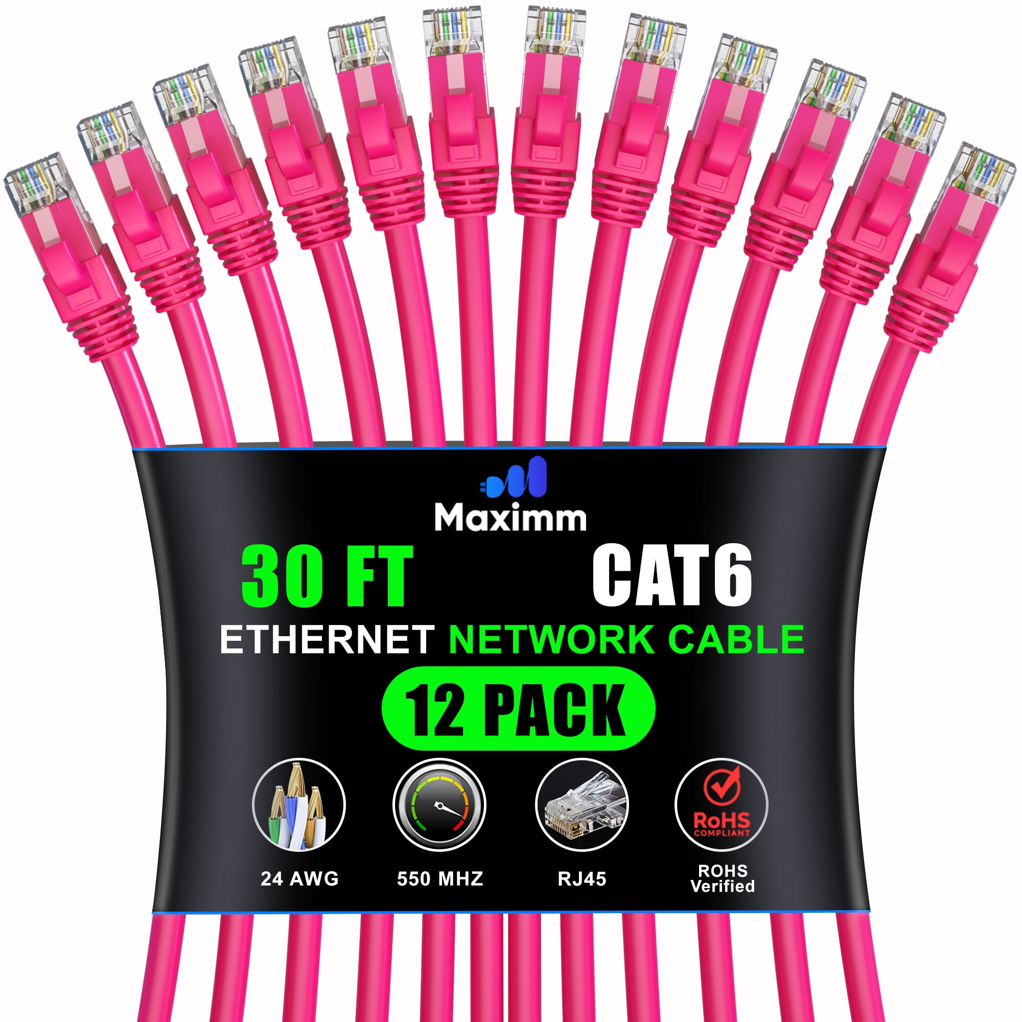 Maximm Cat 6 Ethernet Cable 30 ft (12-Pack) - High-Speed LAN Cable ...