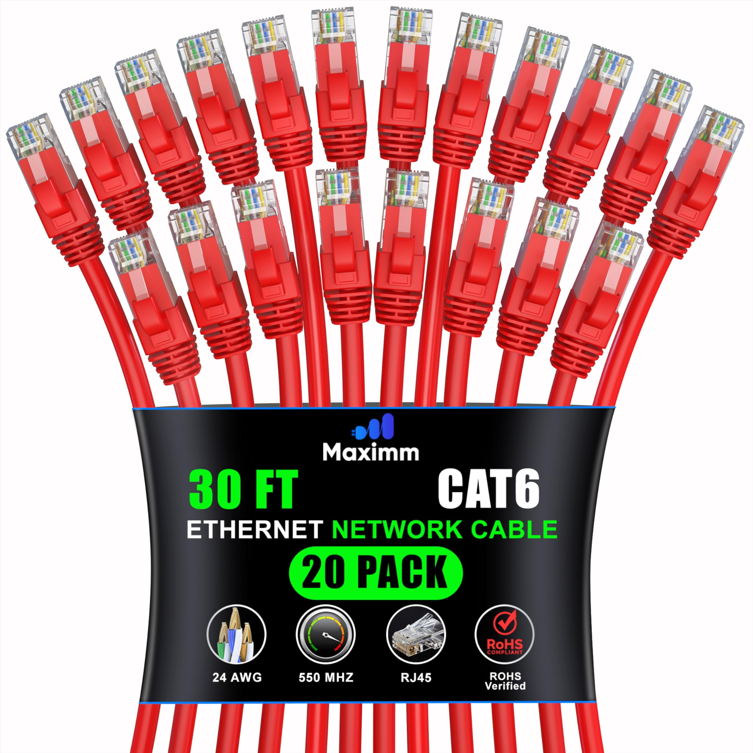 Maximm Cat 6 Ethernet Cable 30 ft (20-Pack) - High-Speed LAN Cable ...
