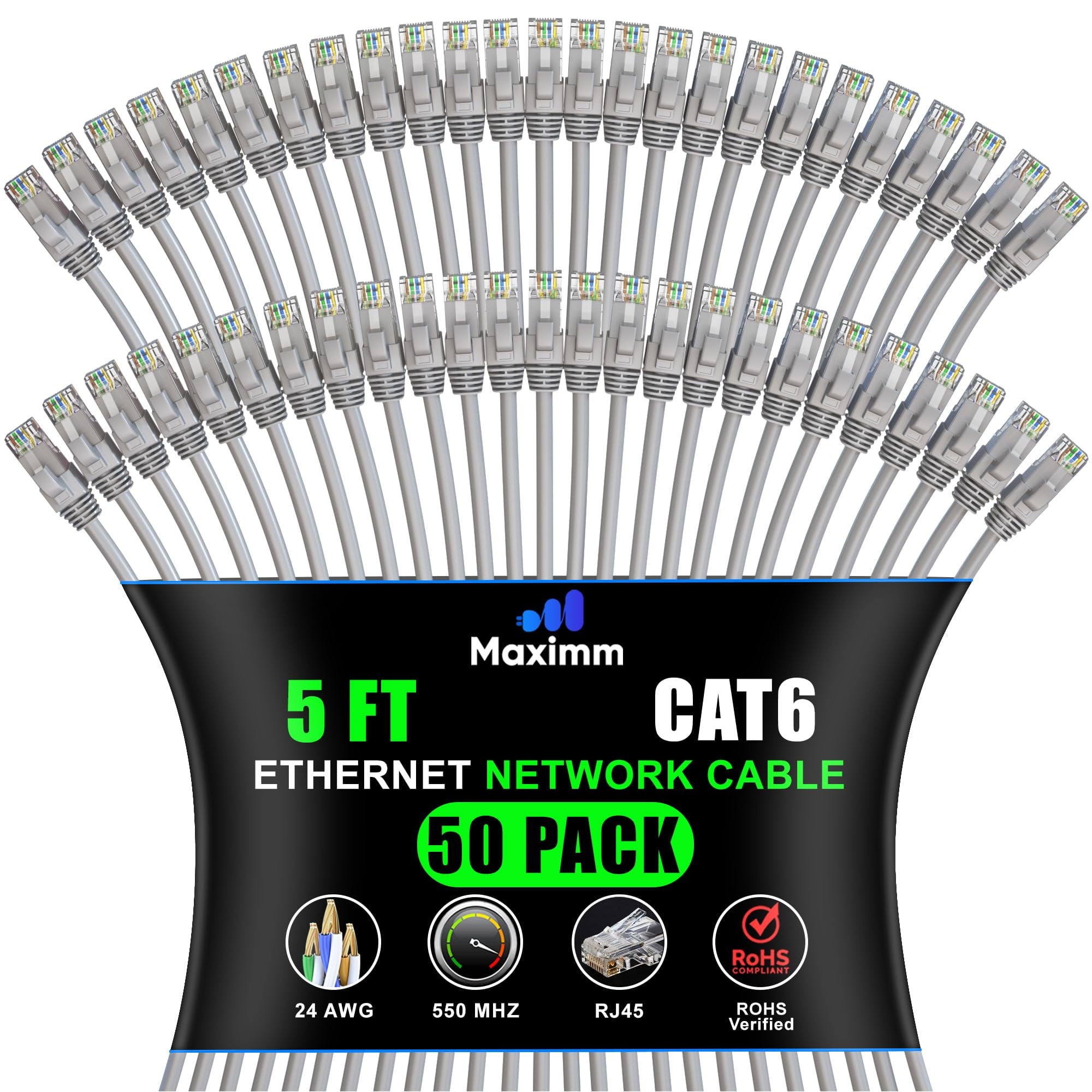 Maximm Cat 6 Ethernet Cable 5 Ft, (50-Pack) Cat6 Cable, LAN Internet ...