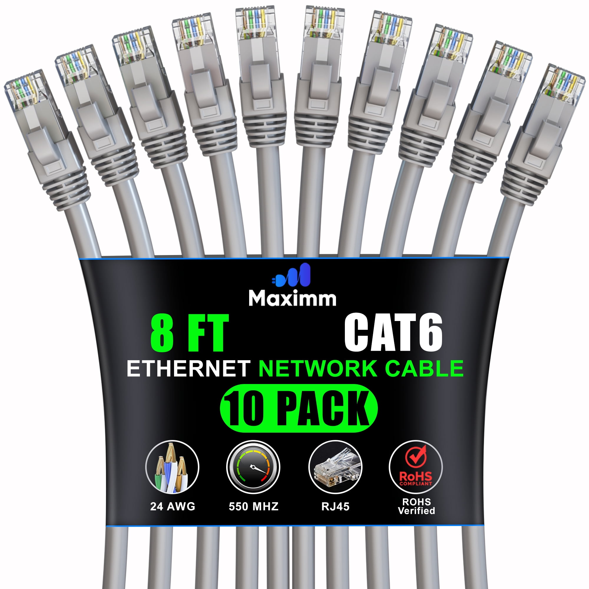 Maximm Cat 6 Ethernet Cable 8 ft (10-Pack) - High-Speed LAN Cable, Internet Cable, Patch Cable ...