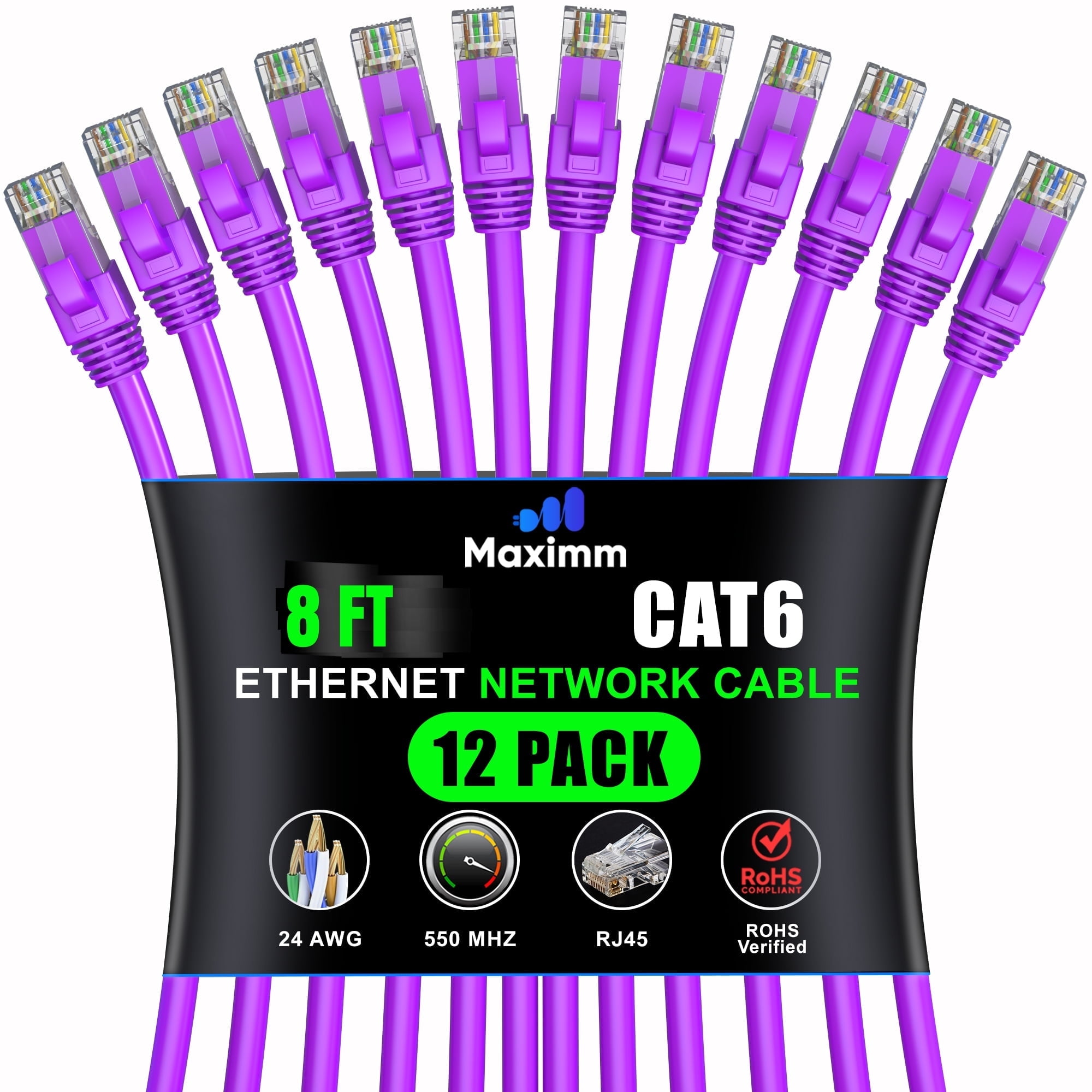 Maximm Cat 6 Ethernet Cable 8 ft (12-Pack) - High-Speed LAN Cable ...