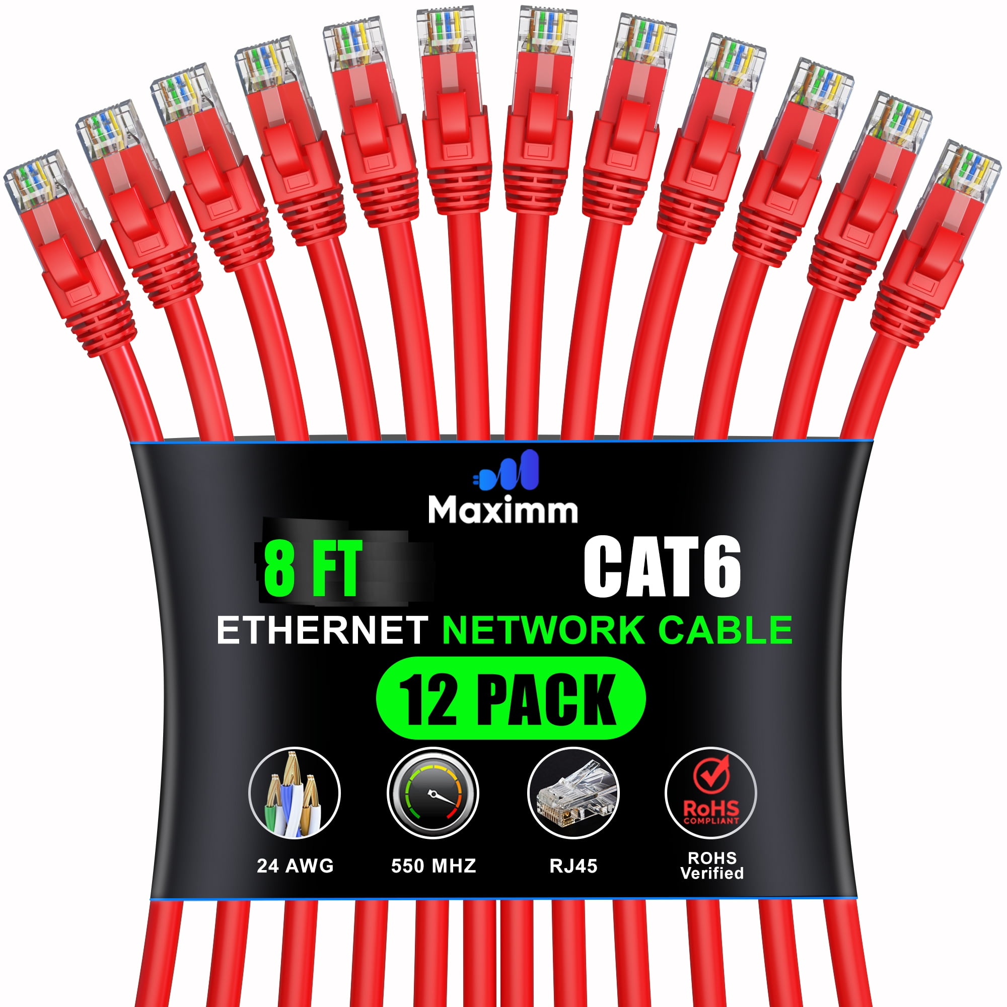 Maximm Cat 6 Ethernet Cable 8 ft (12-Pack) - High-Speed LAN Cable, Internet Cable, Patch Cable ...