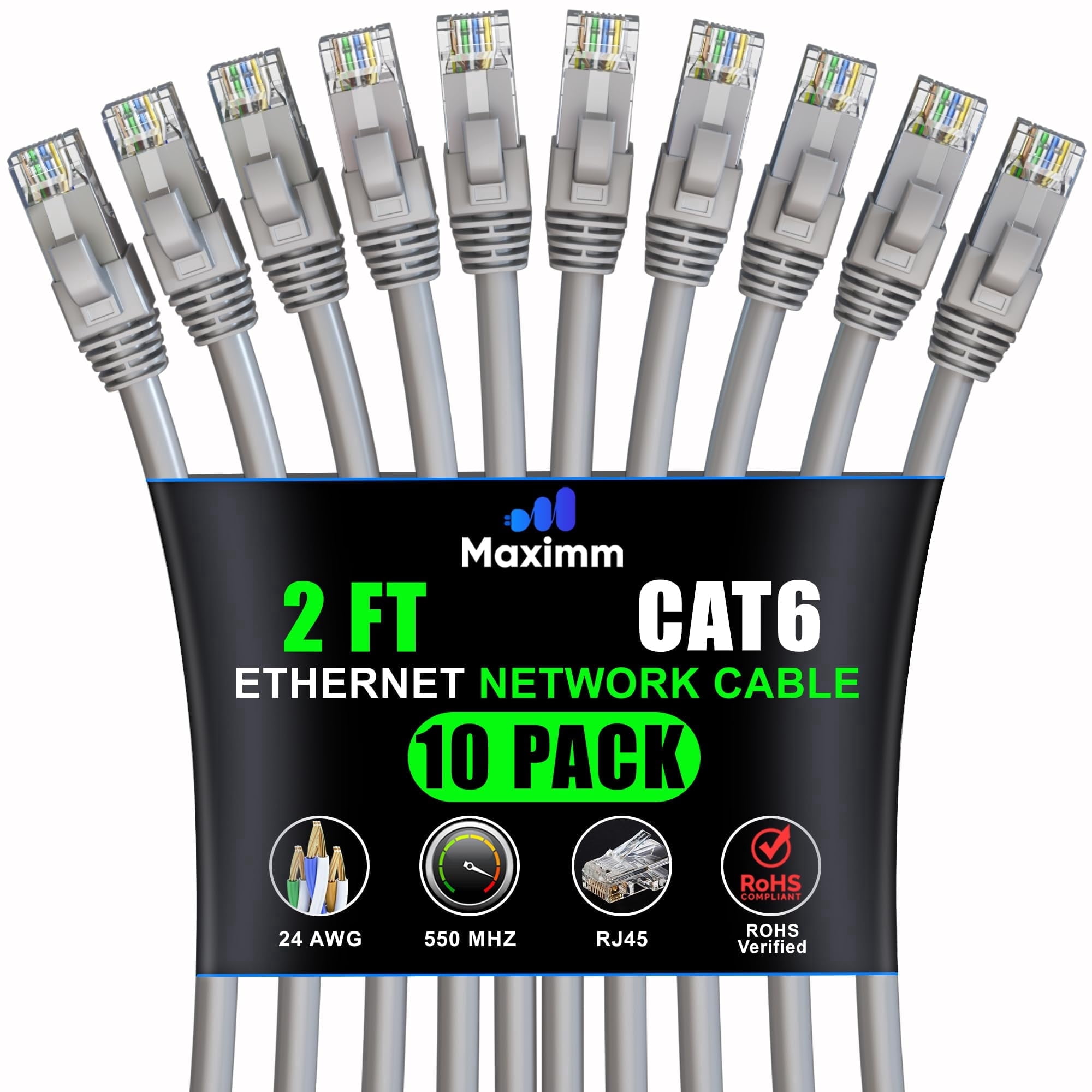 Maximm Cat6 Ethernet Cable 10-Pack 20 ft – CCA LAN Network Patch Cords ...