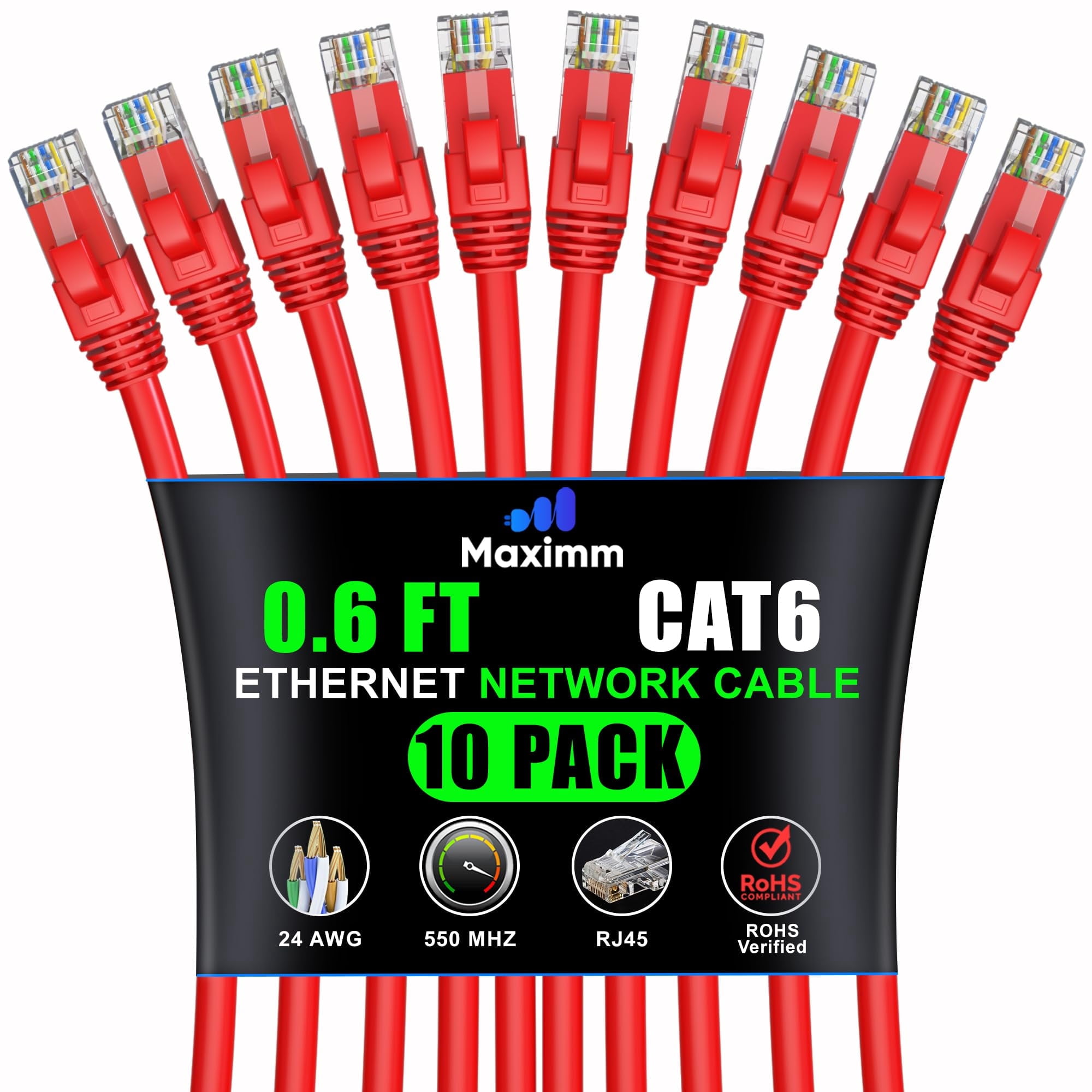 Maximm Cat6 Ethernet Cable 10-Pack 20 ft – CCA LAN Network Patch Cords ...