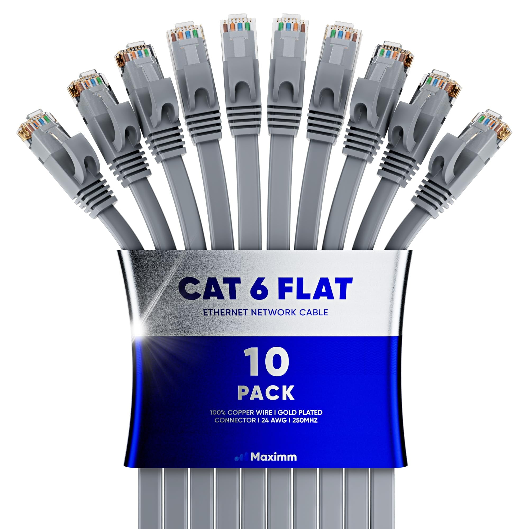 Cat6 Ethernet Cable 10ft, 10-Pack Gray - Flat High-Speed Network Cables ...