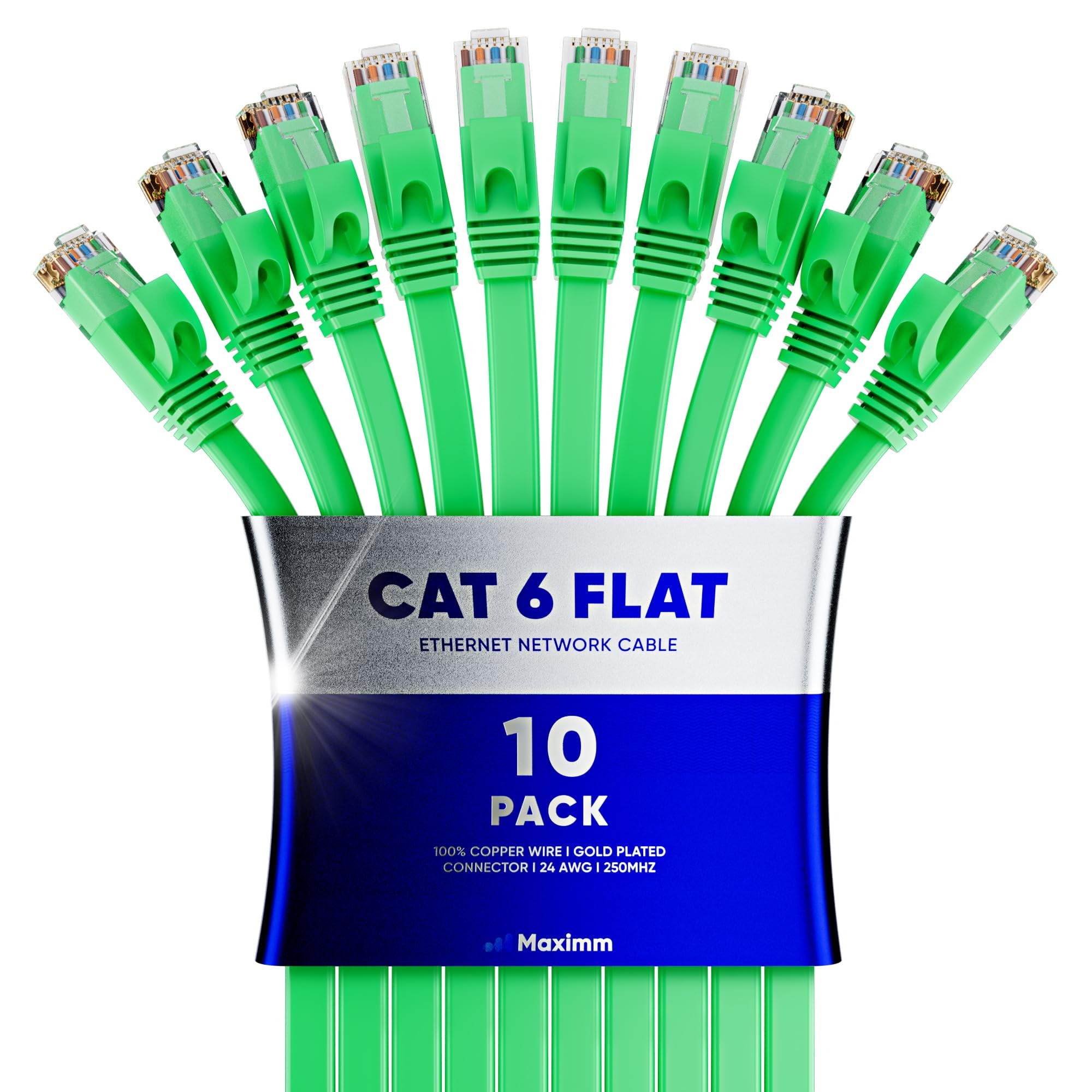 Maximm Cat6 Ethernet Cable 15ft, 10-Pack Green - Flat High-Speed Network Cables for Gaming ...