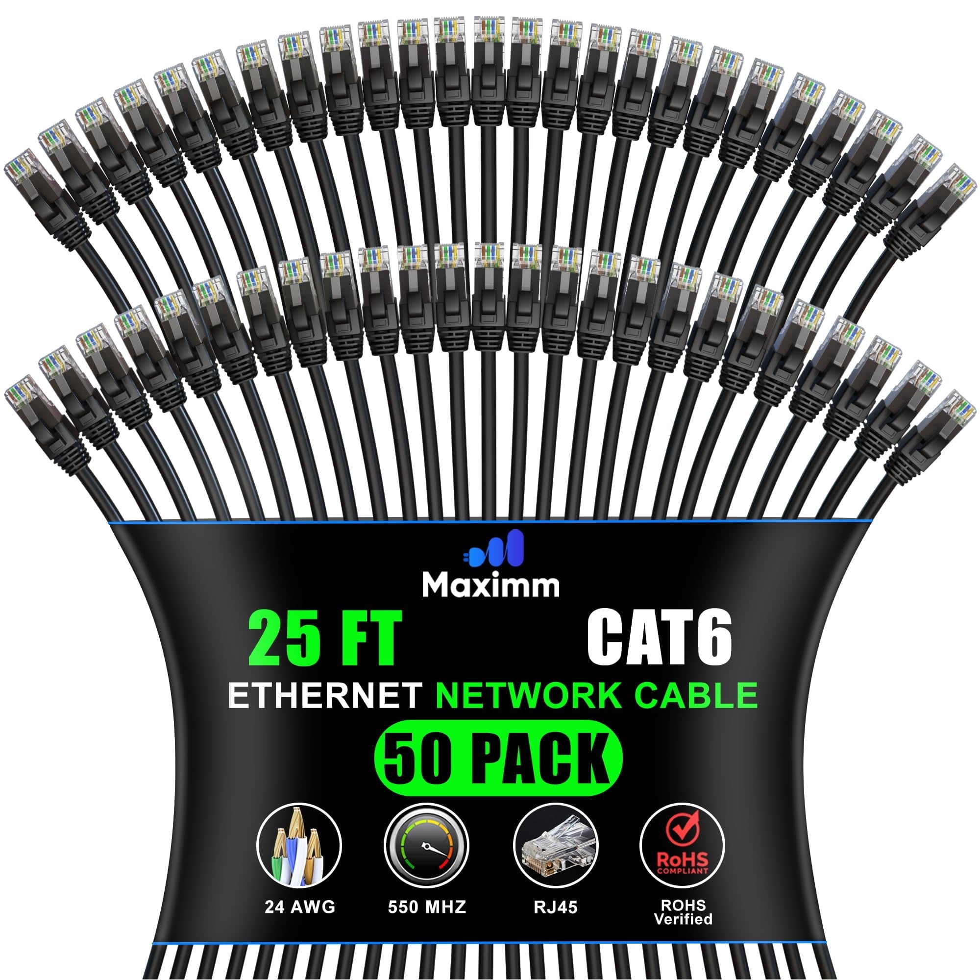Maximm Cat6 Ethernet Cable 50-Pack 20 ft – CCA LAN Network Patch Cords ...