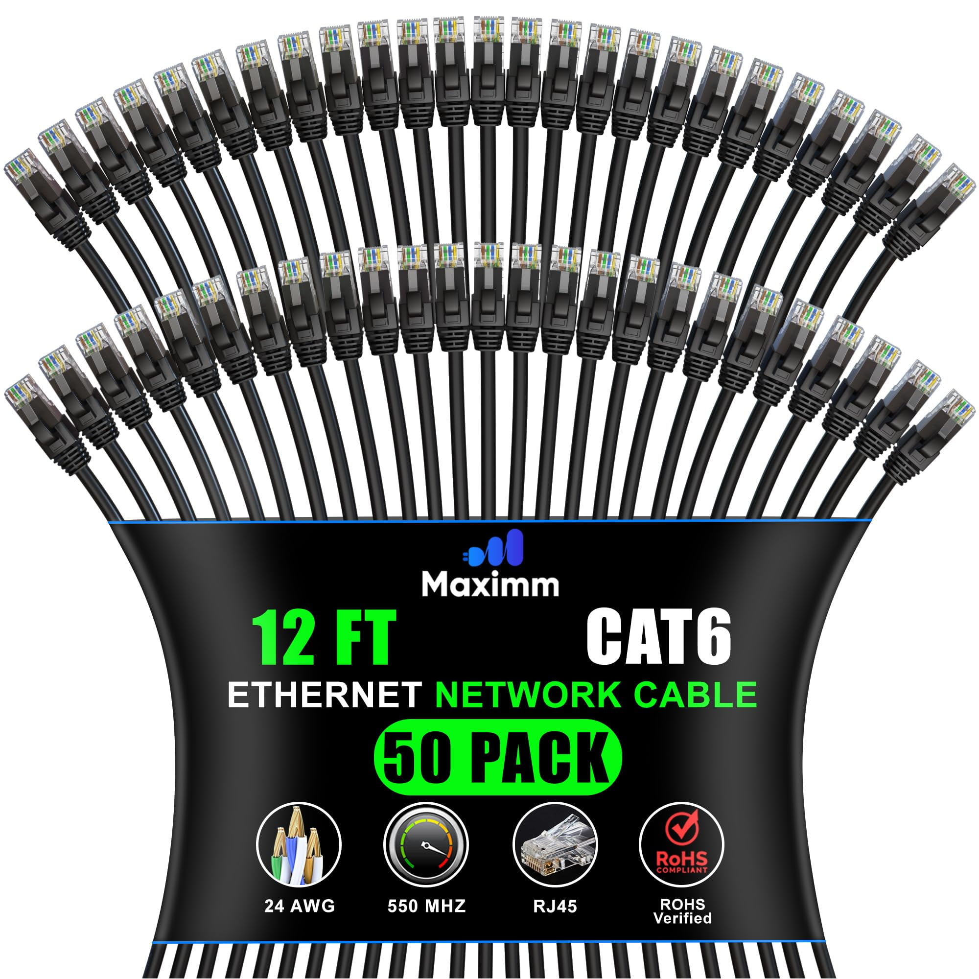 Maximm Cat 6 Ethernet Cable - 12 ft (50-Pack) - High-Speed LAN ...