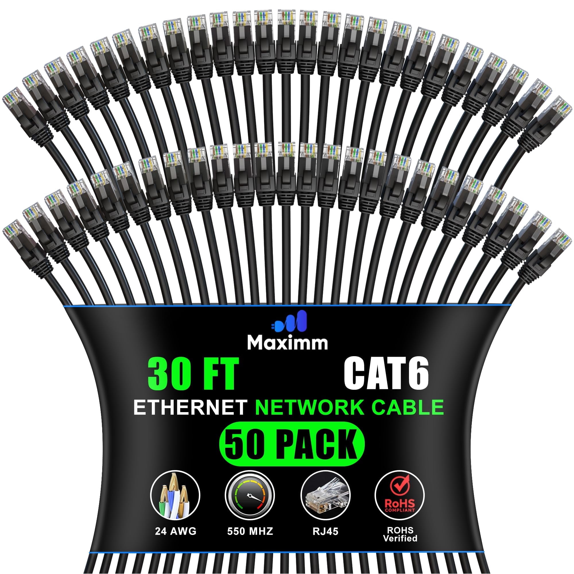 Maximm Cat6 Ethernet Cable 50-Pack 20 ft – CCA LAN Network Patch Cords ...