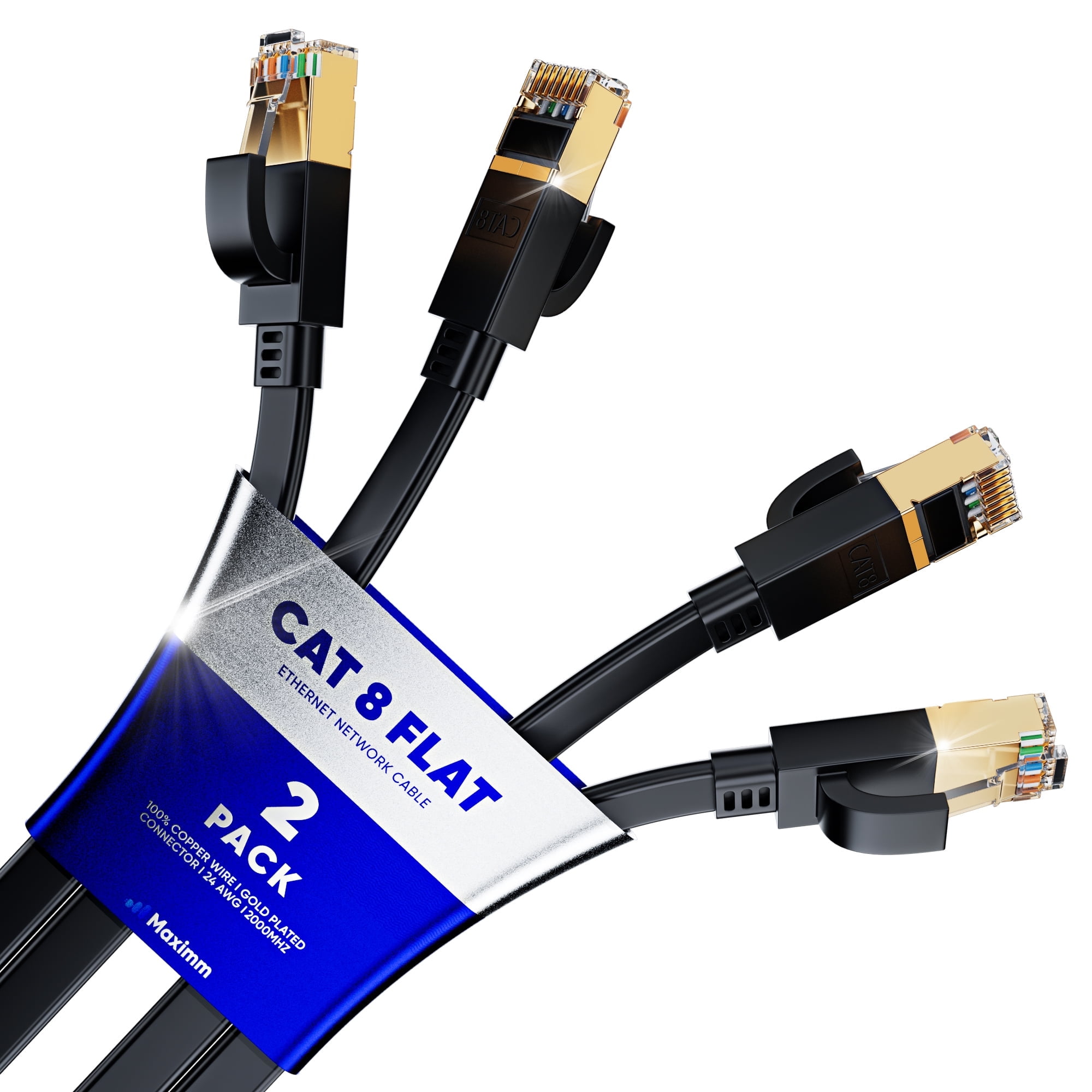 Maximm Cat8 Flat Ethernet Cable - 3FT - 2 Pack - Black - 40Gbps - 2000Mhz High Speed Double ...