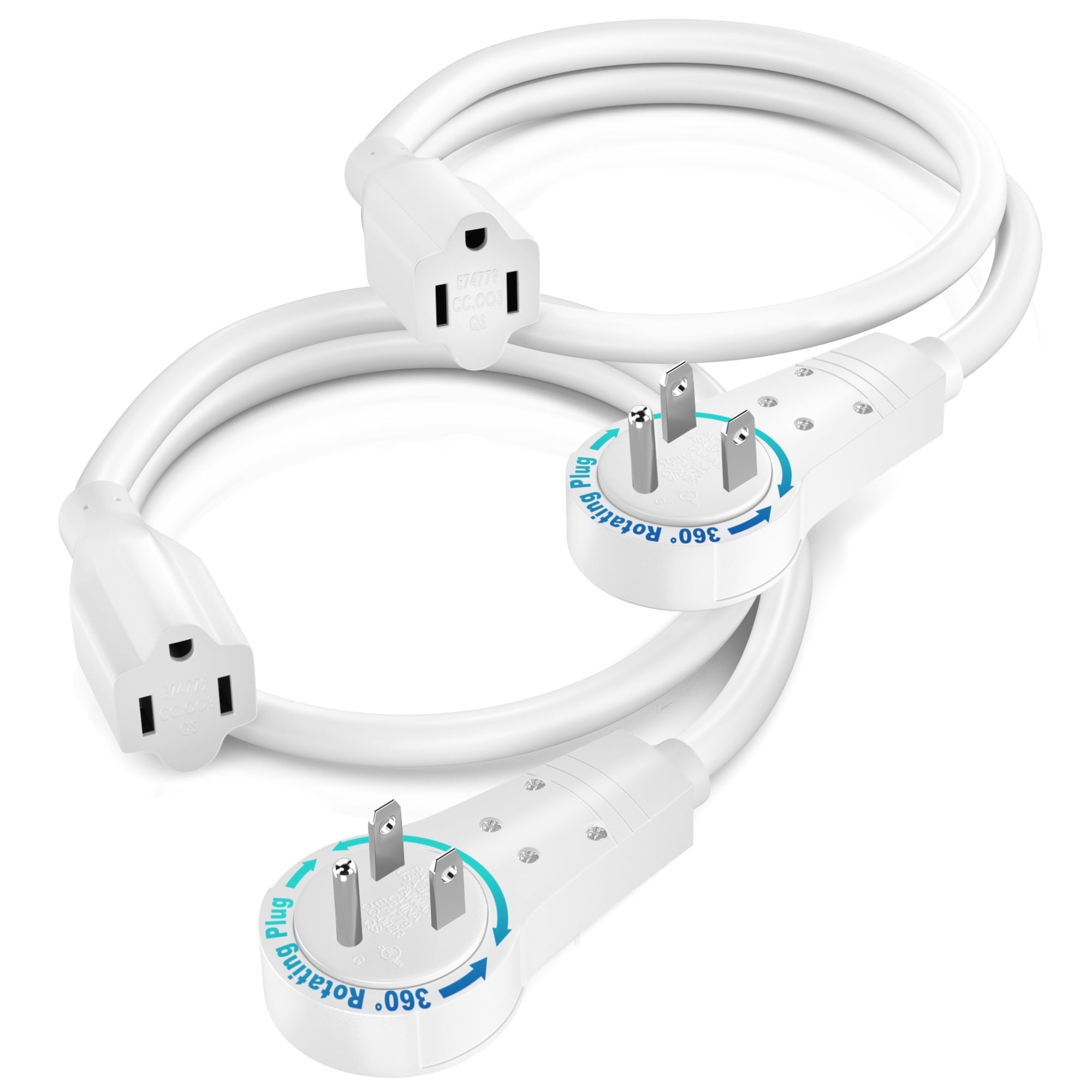 Maximm Extension Cord 2 Foot White Flat Plug, 360° Rotating Short Power ...