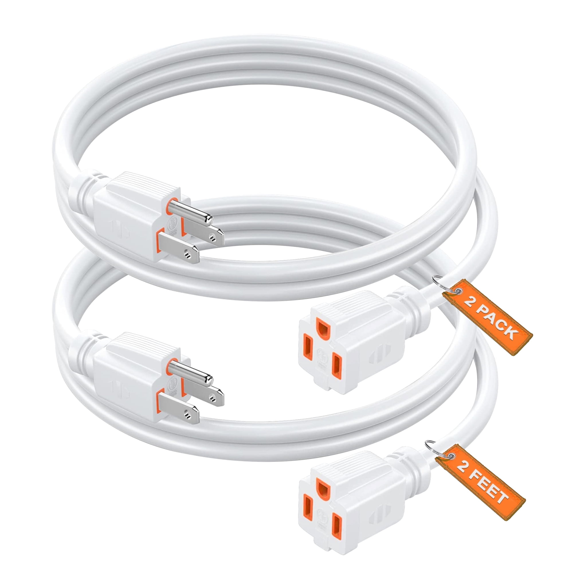 Maximm Extension Cord 2 Ft, 2 Pack White Power Cords Indoor 16 Gauge ...