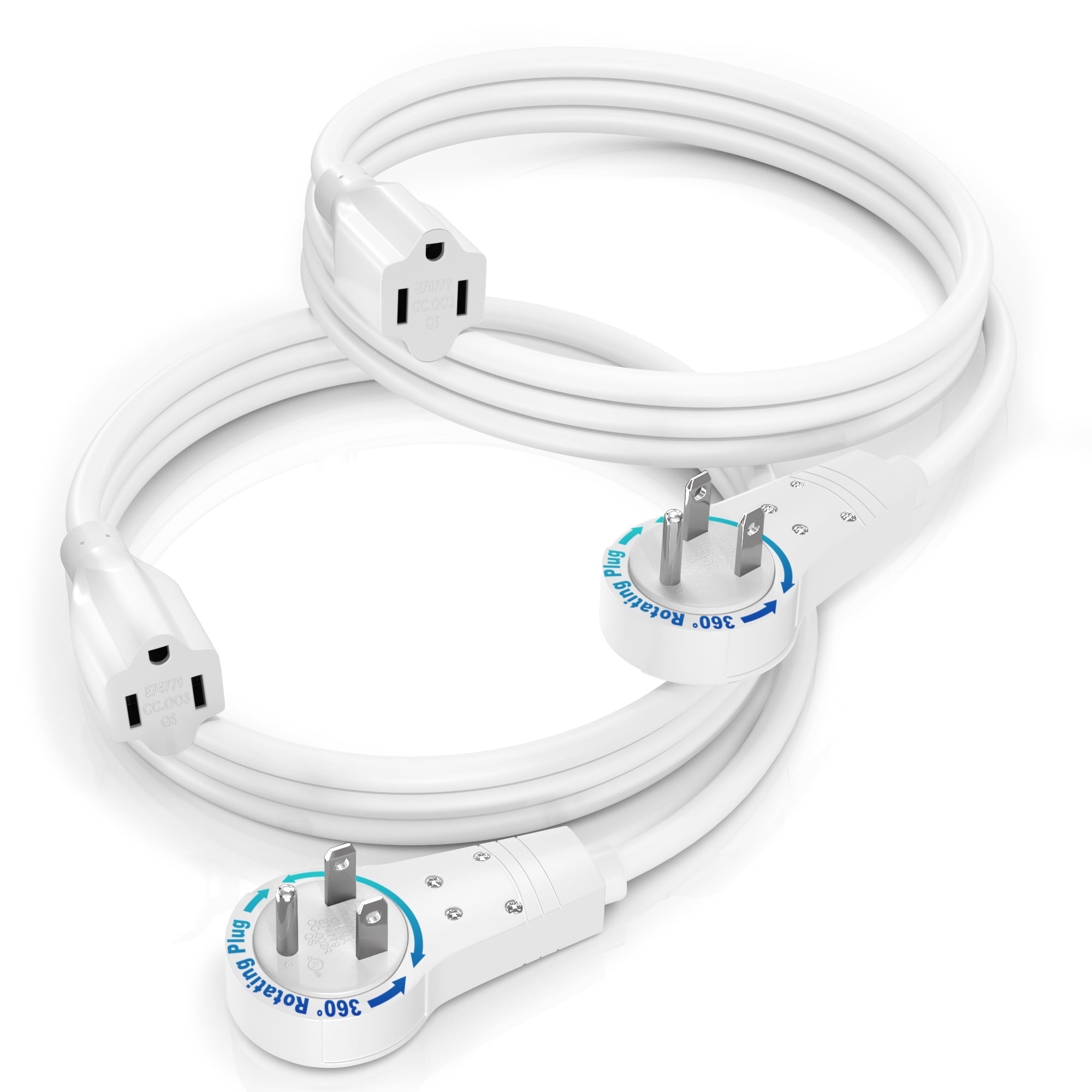 Maximm Extension Cord 3 Feet White (2 Pack) Flat Plug, 360° Rotating ...