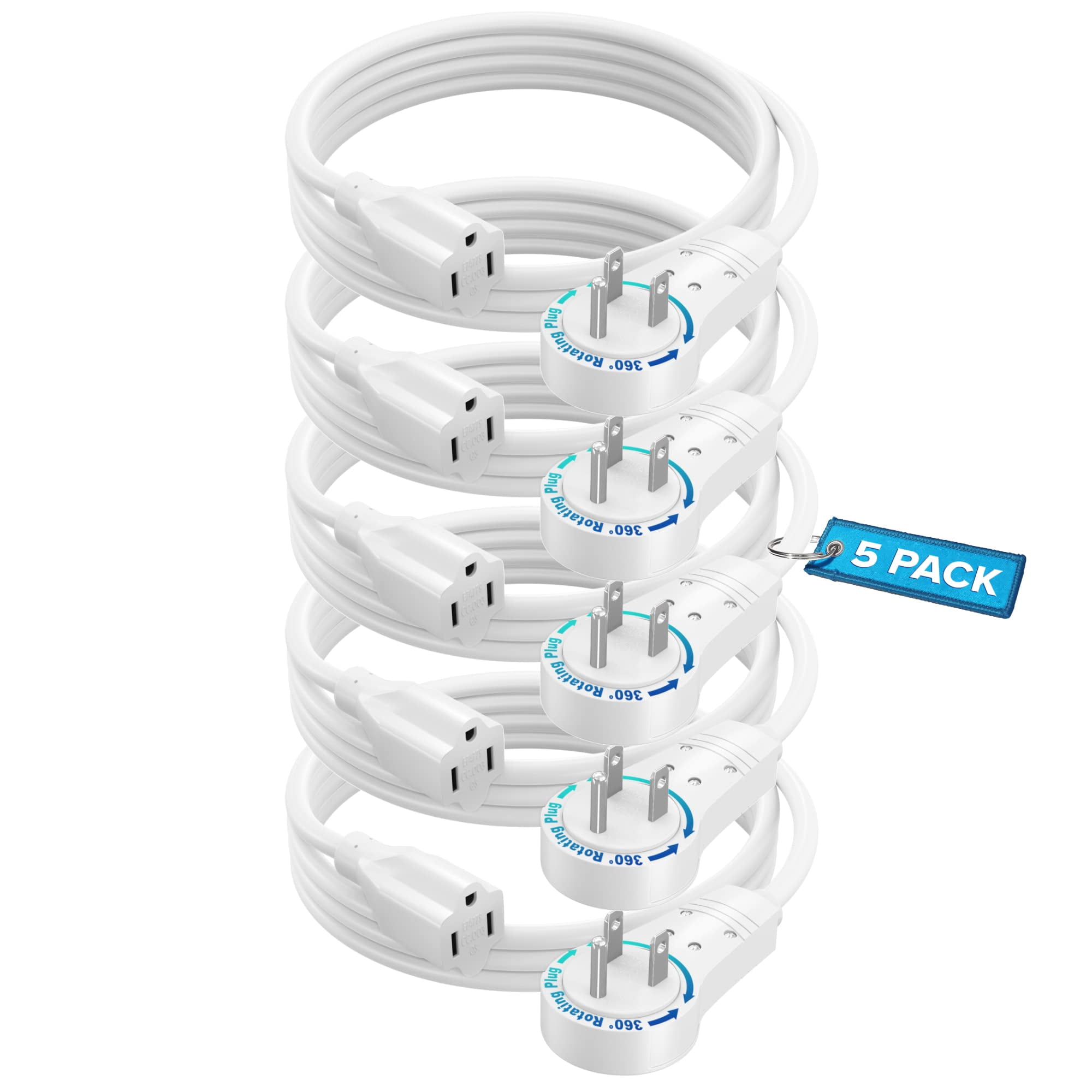 Maximm Extension Cord 3 Feet White (5 Pack) Flat Plug, 360° Rotating ...